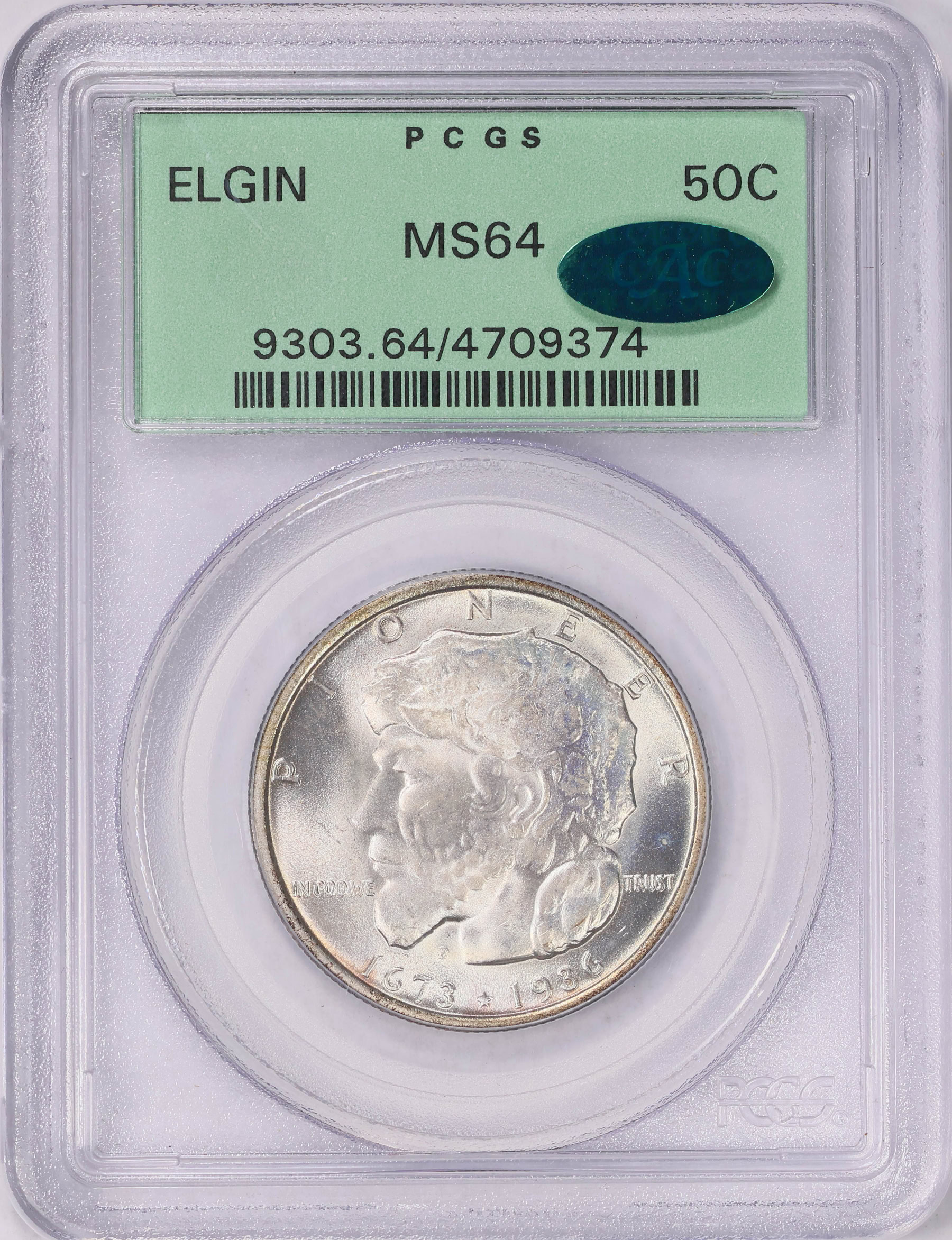 1936 Elgin, Illinois, Centennial Half Dollar PCGS MS-64 (CAC Green) OGH ...