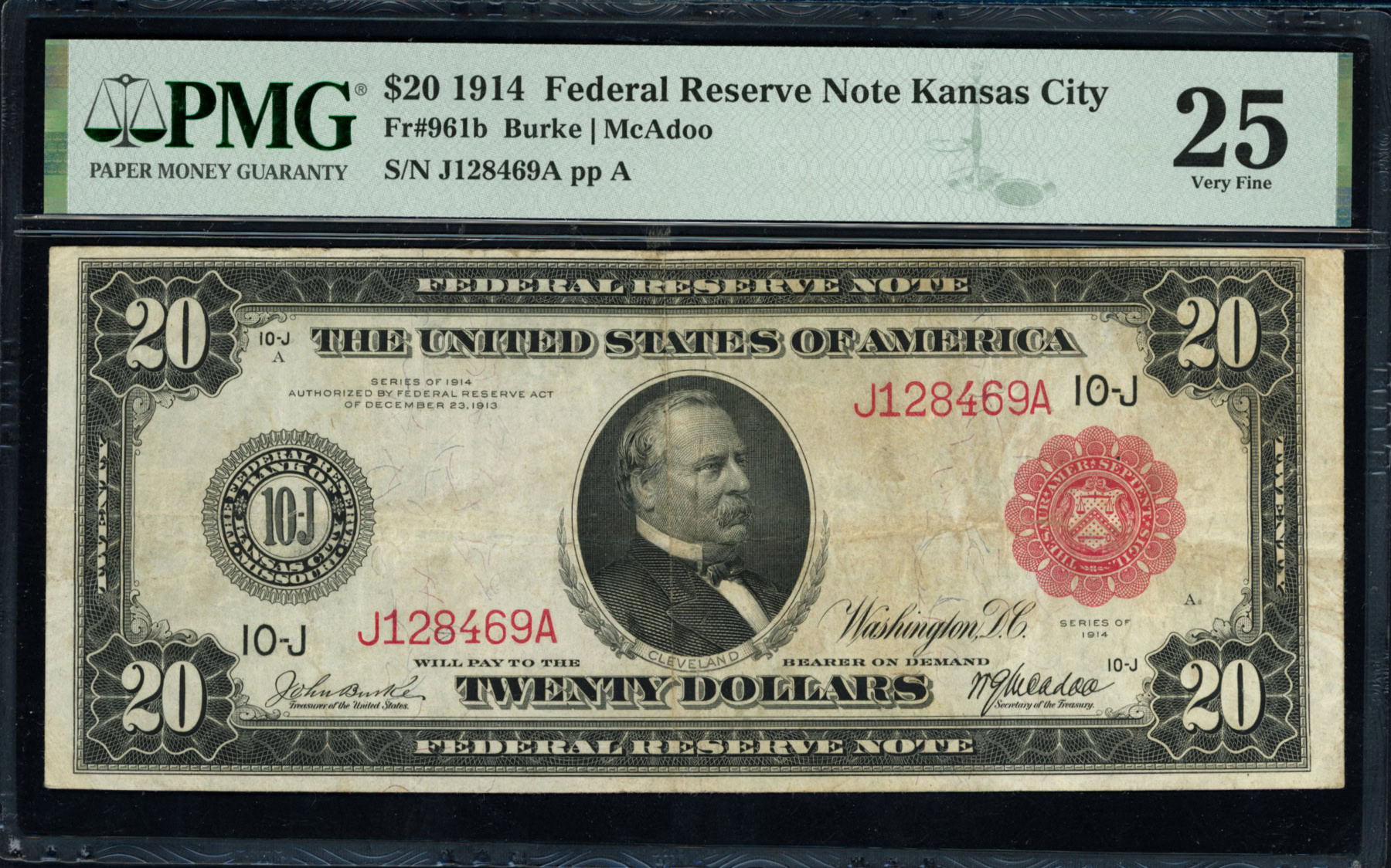 Fr. 961b 1914 $20 Kansas City Federal Reserve Note Burke / McAdoo PMG Very Fine 25 | PMG Cert ...
