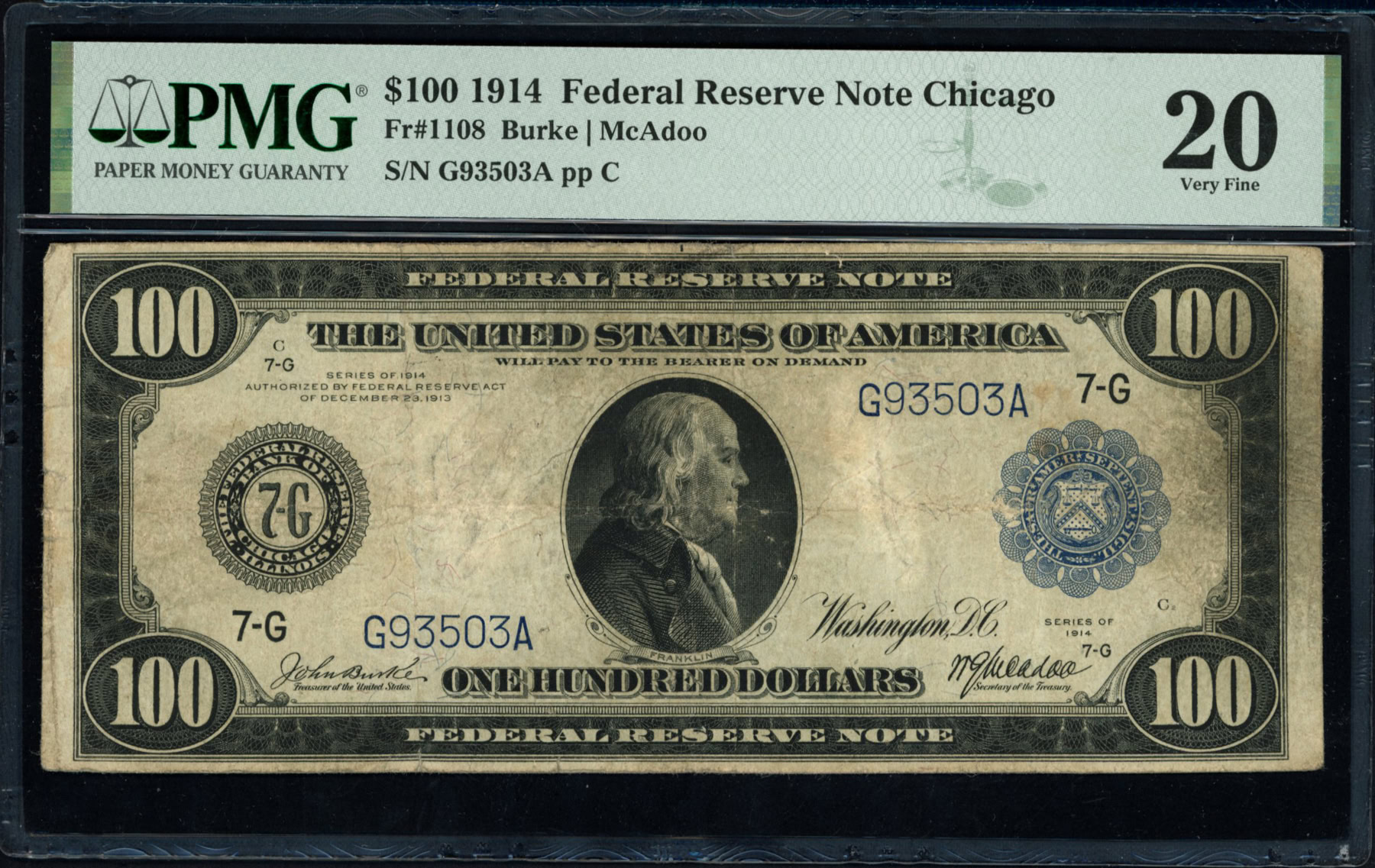 Fr. 1108 1914 $100 Chicago Federal Reserve Note Burke / McAdoo PMG Very ...