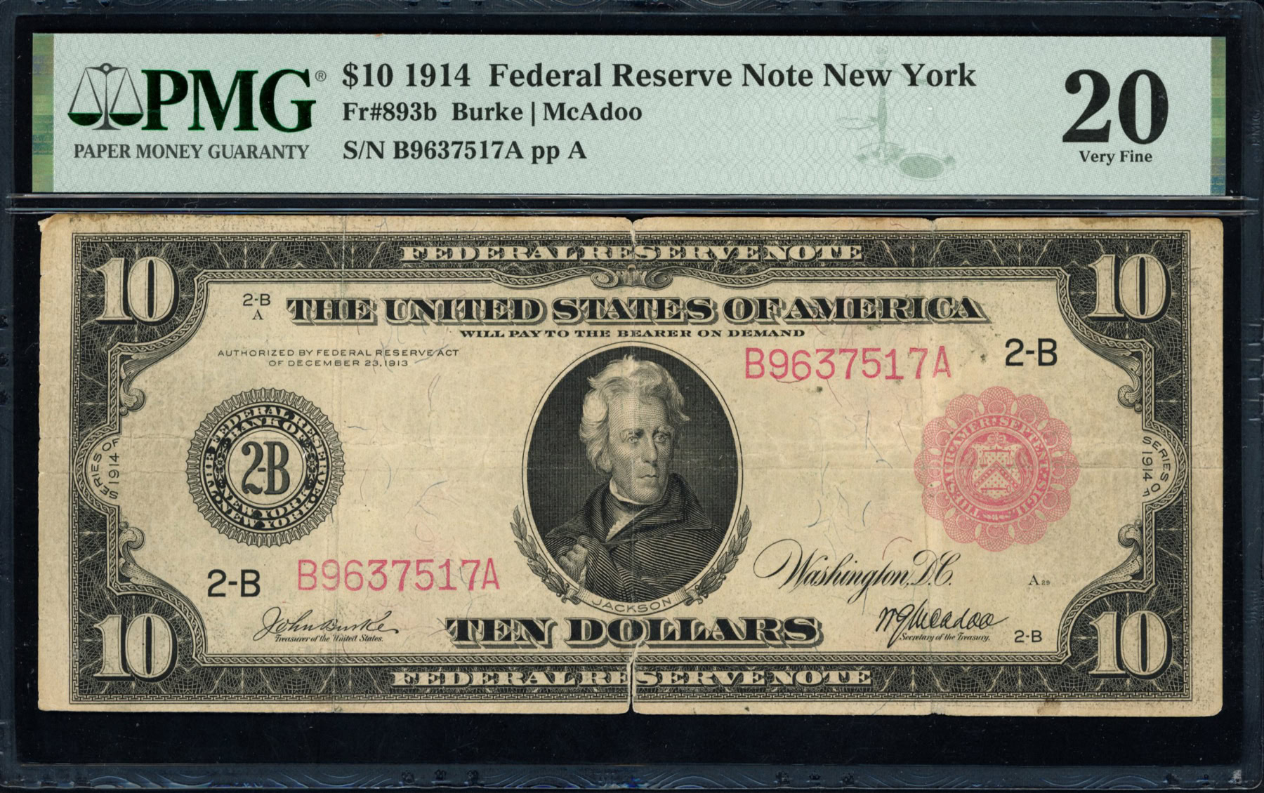 Fr. 893b 1914 $10 New York Federal Reserve Note Burke / McAdoo PMG Very Fine 20 | PMG Cert ...