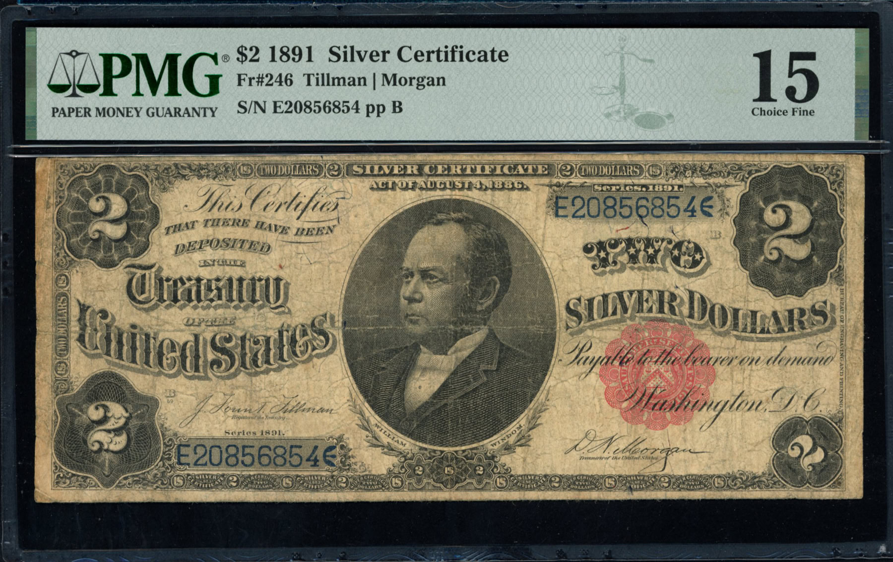 Fr. 246 1891 $2 Silver Certificate Note Tillman / Morgan PMG Choice Fine 15 | PMG Cert #2519813 ...