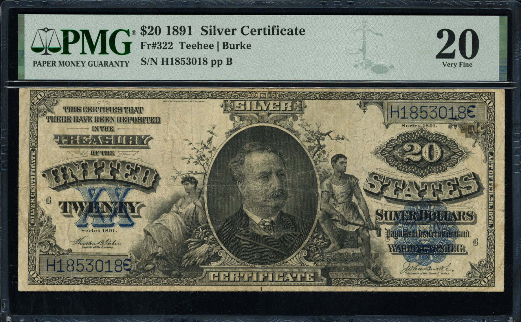 Fr. 322 1891 $20 Silver Certificate Note Teehee / Burke PMG Very Fine ...