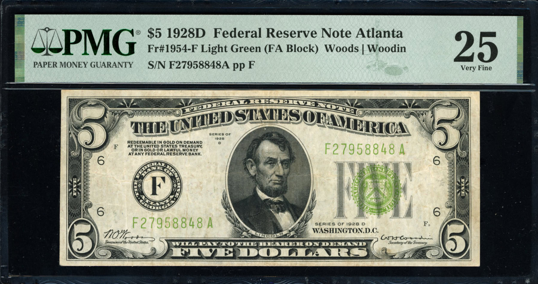 Fr. 1954-F (FA Block) 1928D $5 Atlanta Federal Reserve Note Woods ...