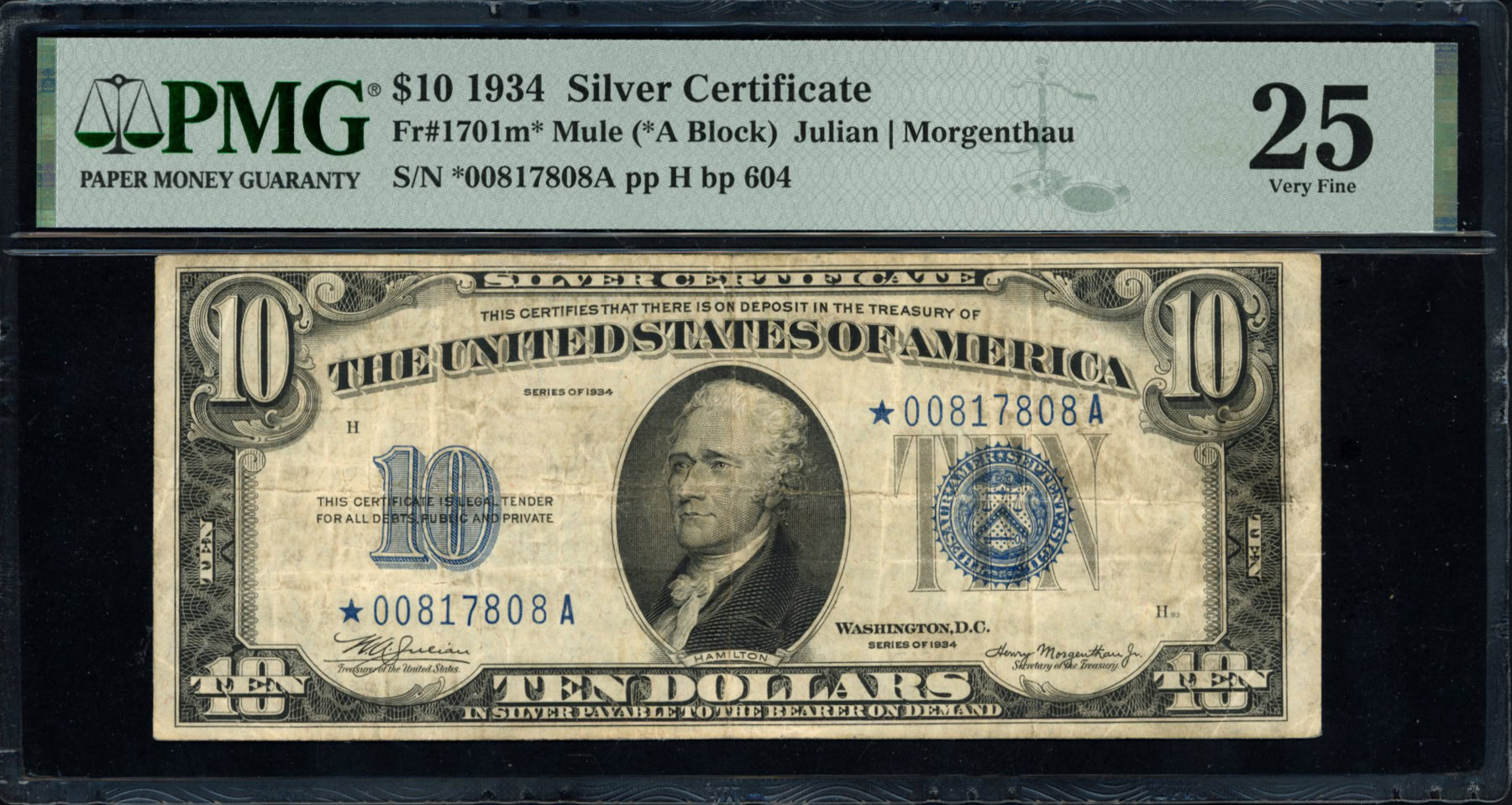 Fr. 1701m* (*A Block) 1934 $10 Silver Certificate Mule Star Note Julian / Morgenthau PMG Very ...