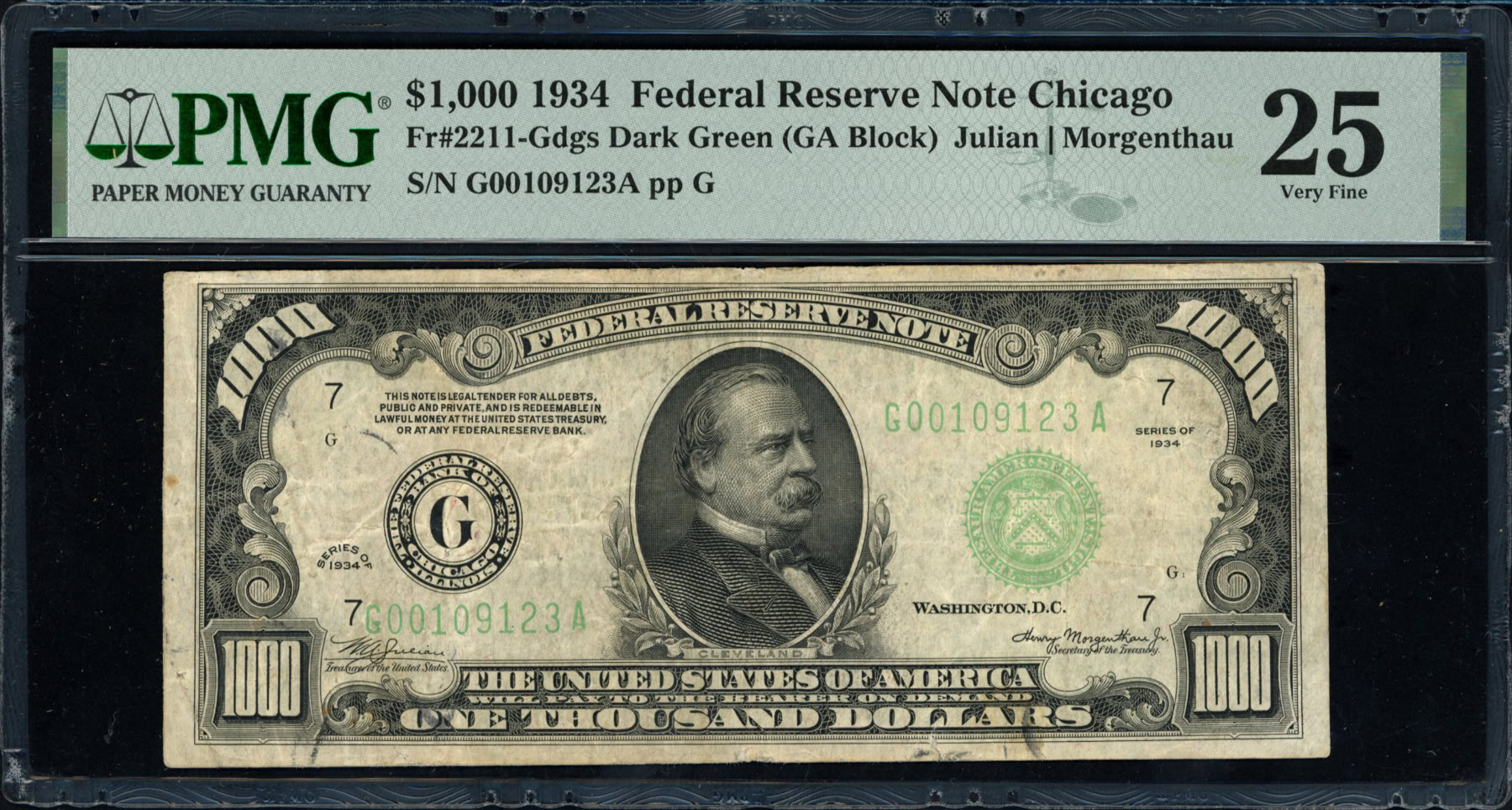 Fr. 2211-Gdgs Dark Green (GA Block) 1934 $1,000 Chicago Federal Reserve ...