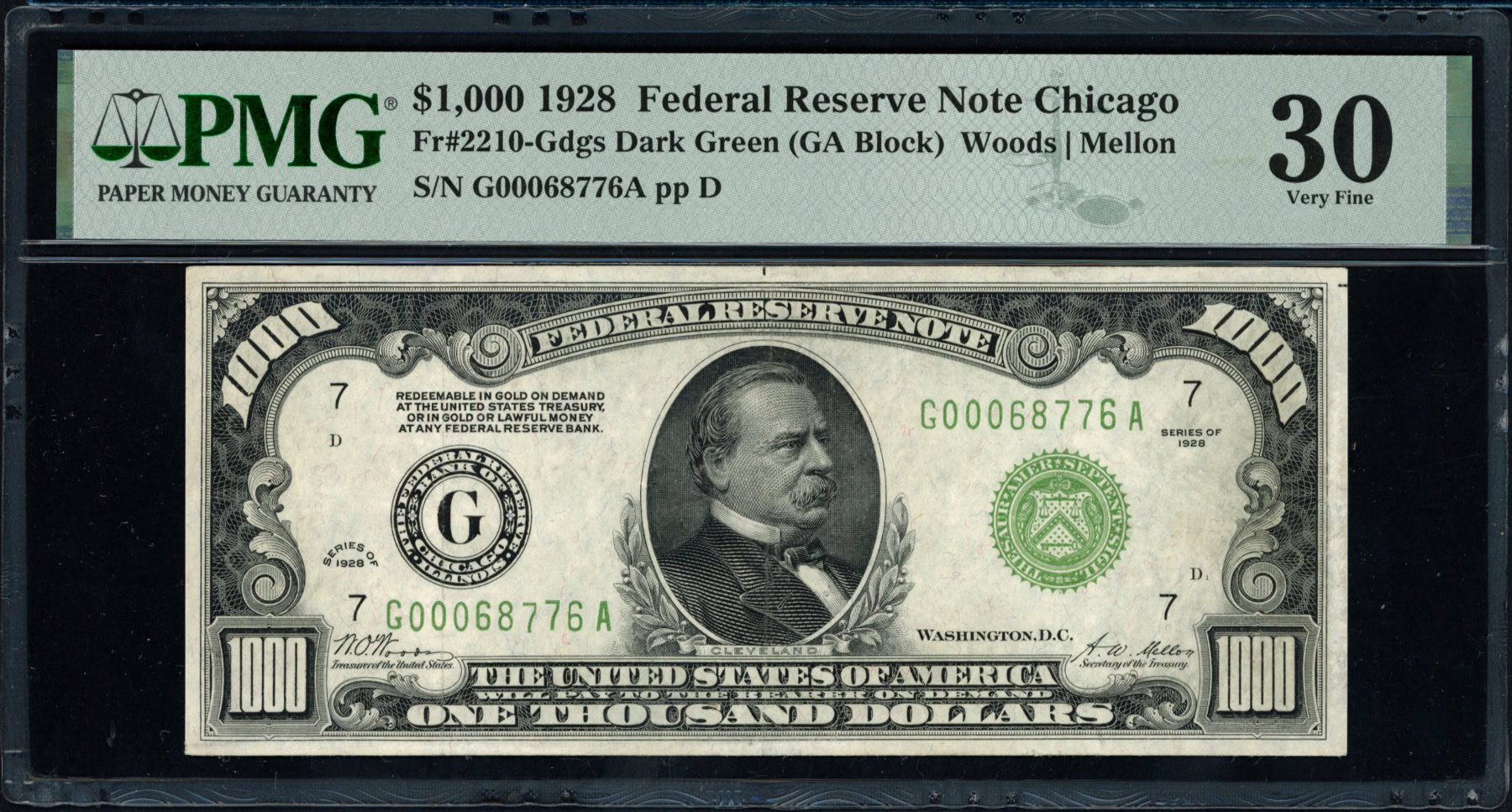 Fr. 2210-Gdgs Dark Green (GA Block) 1928 $1,000 Chicago Federal Reserve ...