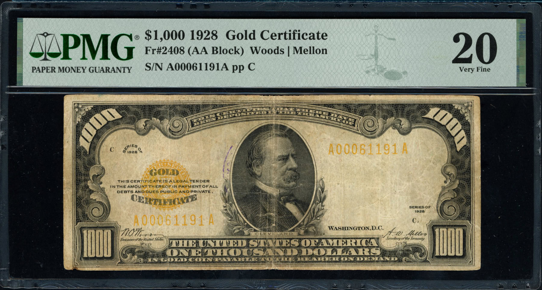 Fr. 2408 (AA Block) 1928 $1,000 Gold Certificate Note Woods / Mellon ...