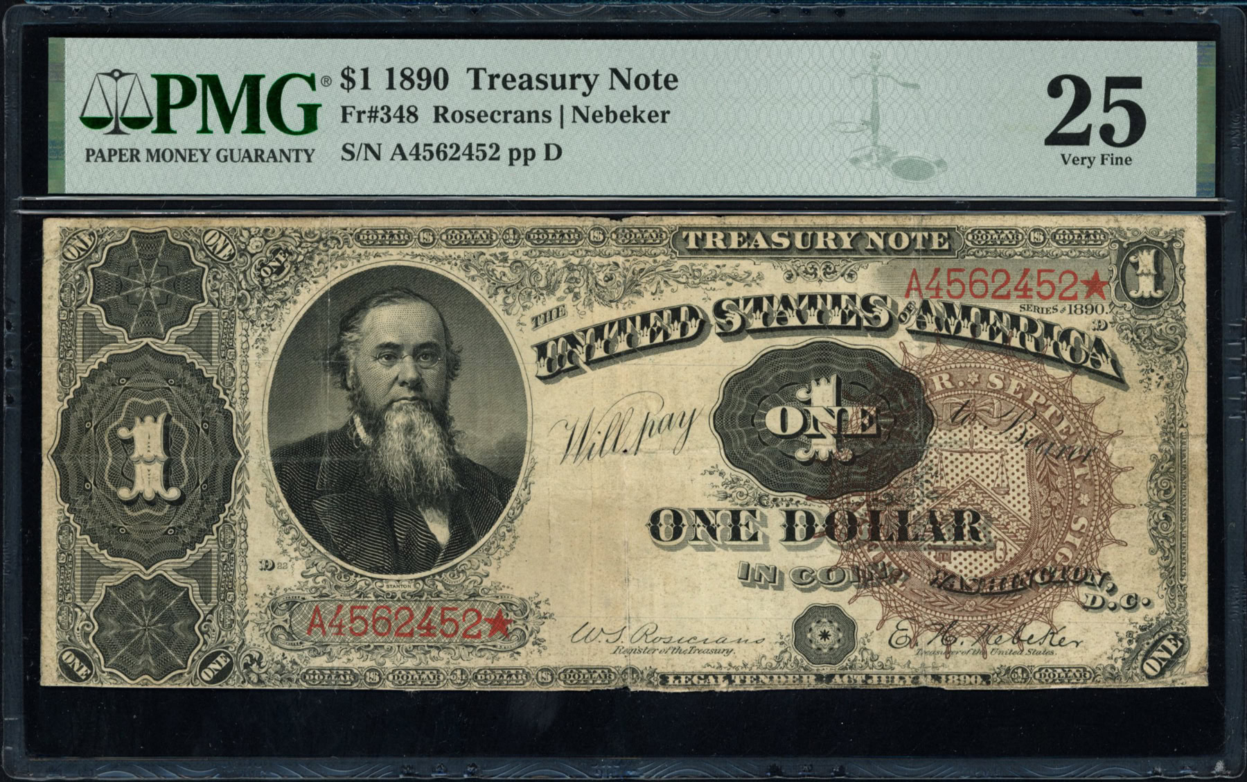 Fr. 348 1890 $1 Treasury Note Rosecrans / Nebeker PMG Very Fine 25 ...