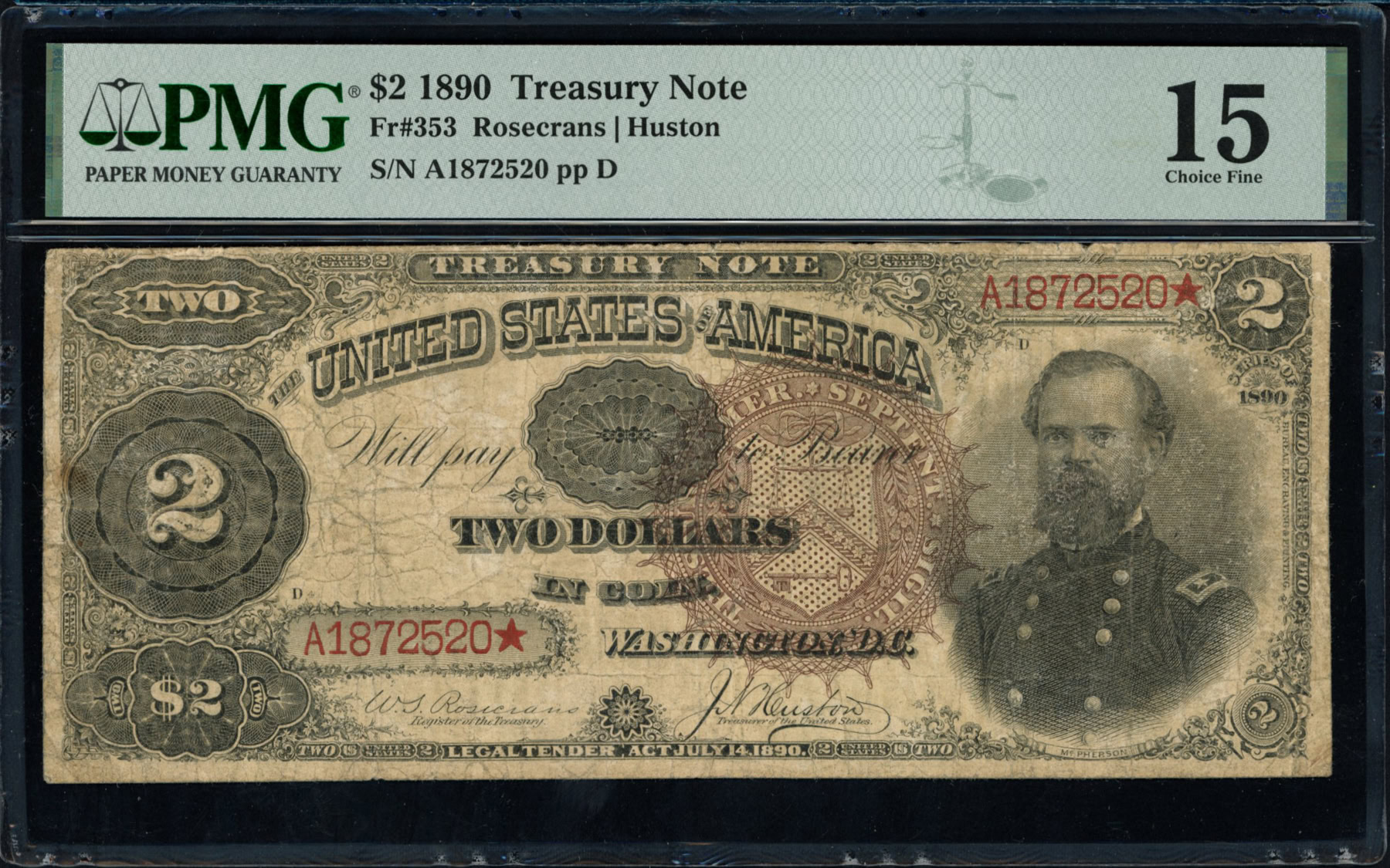 Fr. 353 1890 $2 Treasury Note Rosecrans / Huston PMG Choice Fine 15 ...