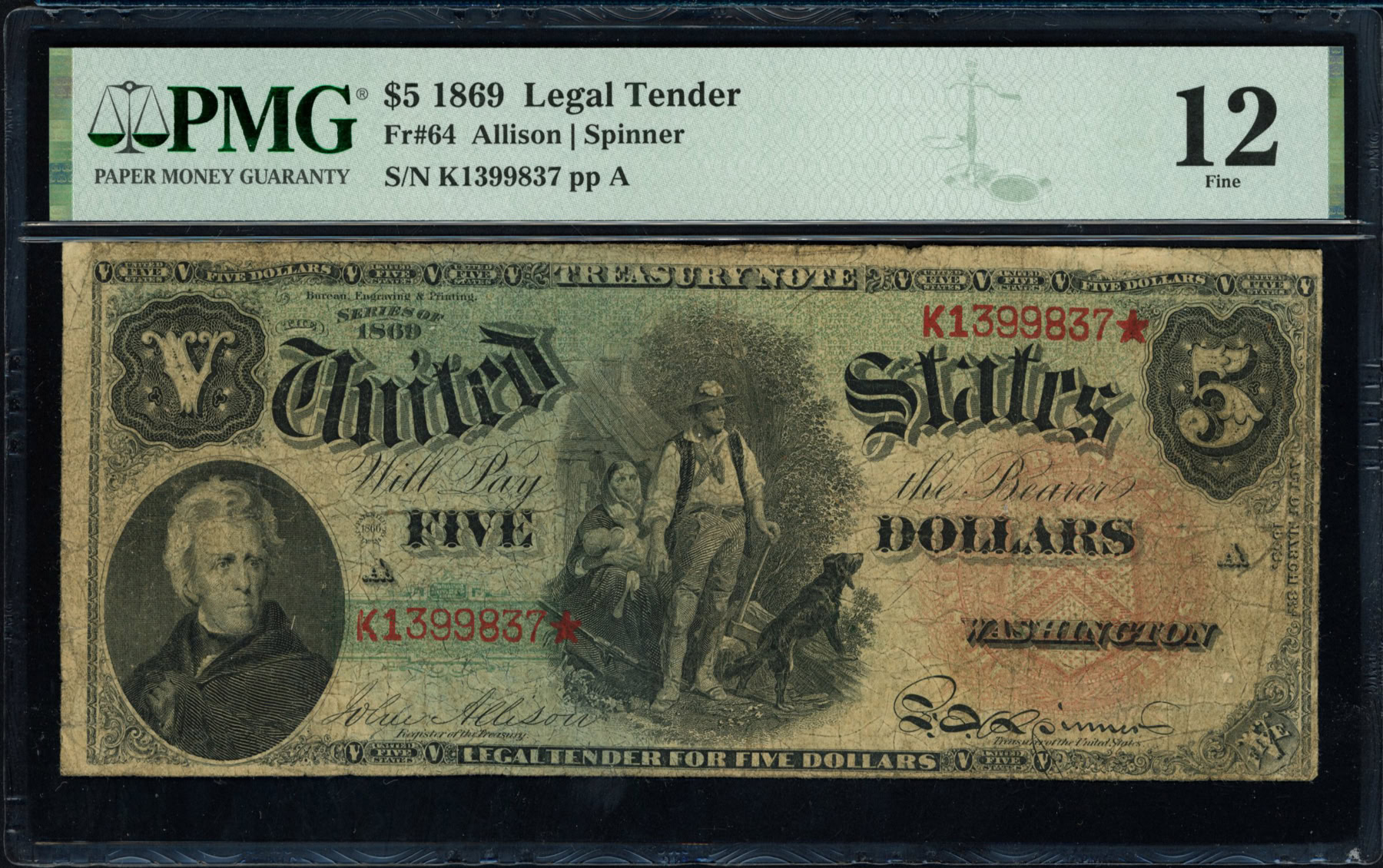 Fr. 64 1869 $5 Legal Tender Note Allison / Spinner PMG Fine 12 | PMG ...