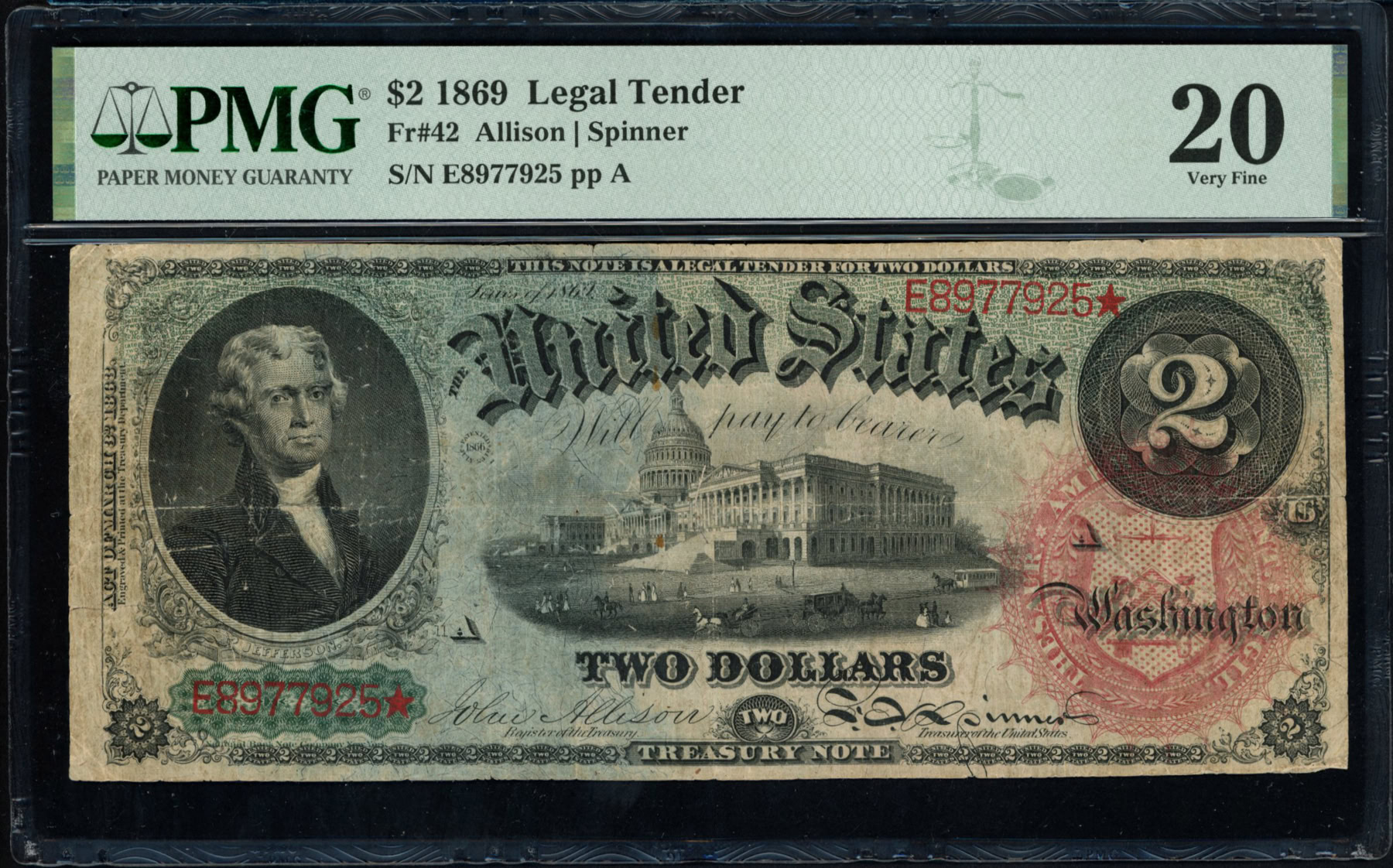 Fr. 42 1869 $2 Legal Tender Note Allison / Spinner PMG Very Fine 20 ...