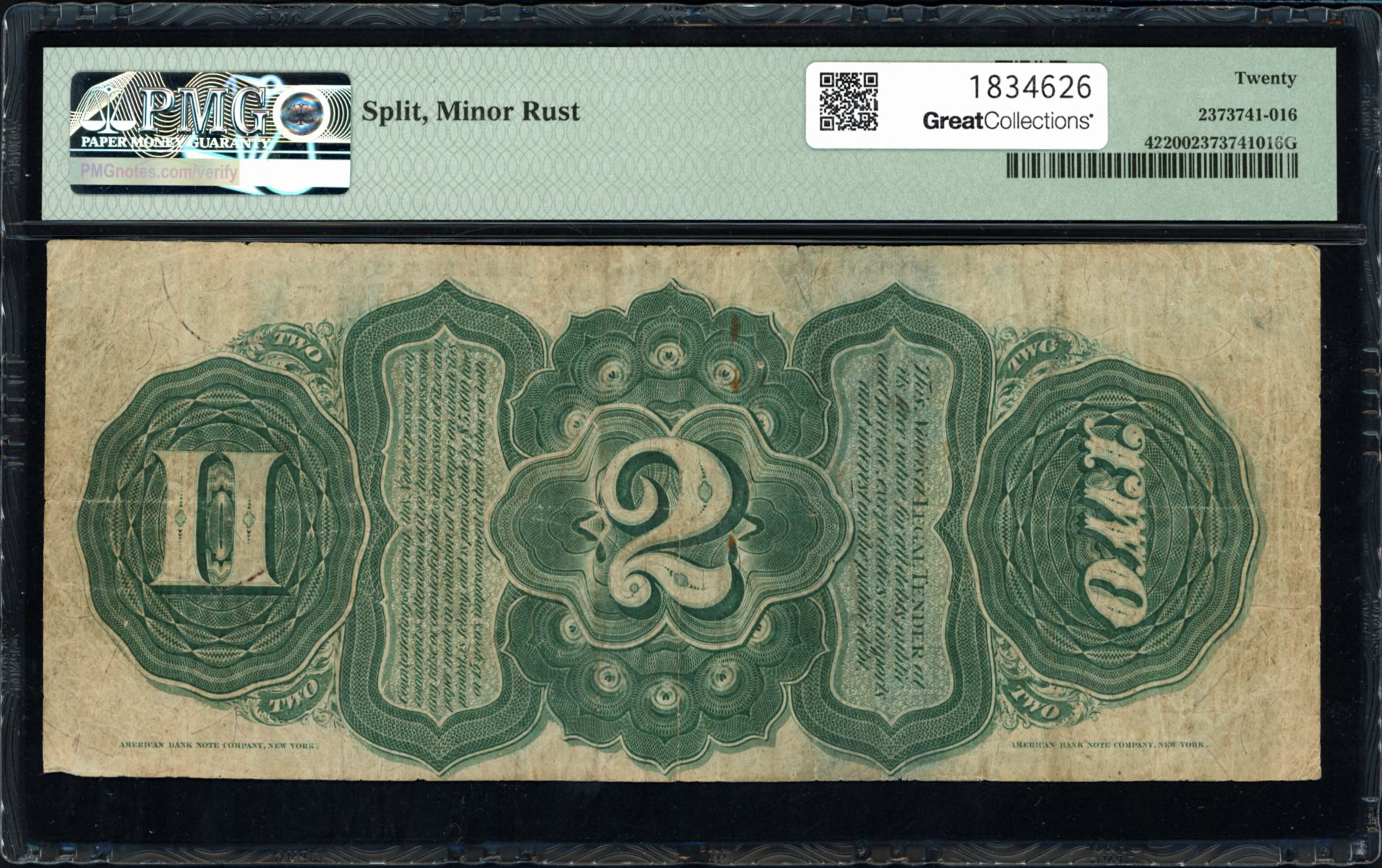 Fr. 42 1869 $2 Legal Tender Note Allison / Spinner PMG Very Fine 20 ...