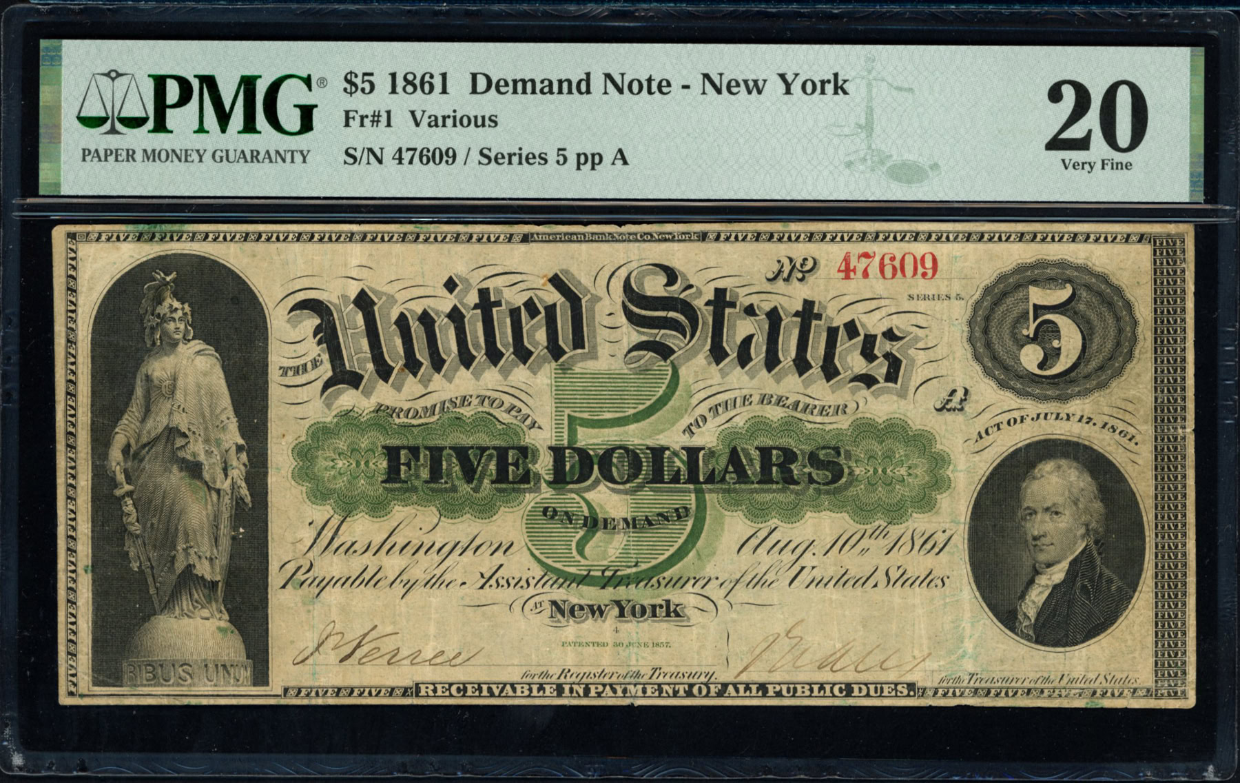 Fr. 1 1861 $5 Demand Note New York Series 5 PMG Very Fine 20 | PMG Cert ...