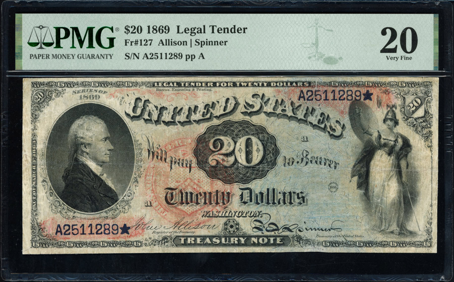 Fr. 127 1869 $20 Legal Tender Note Allison / Spinner PMG Very Fine 20 ...