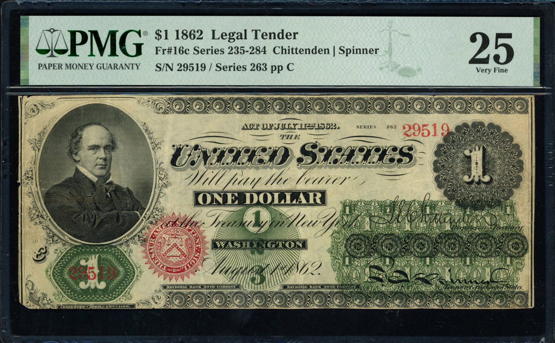 Fr. 16c 1862 $1 Legal Tender Note Series 263 Chittenden / Spinner PMG ...
