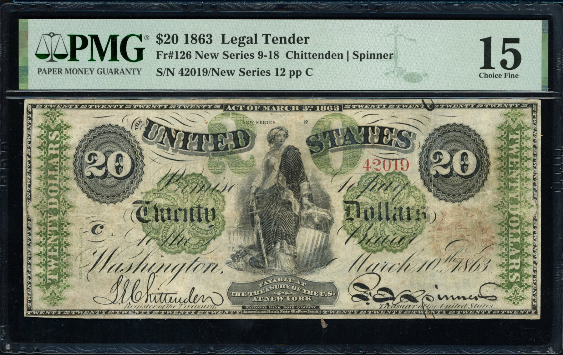 Fr. 126 1863 $20 Legal Tender Note New Series 12 Chittenden / Spinner ...