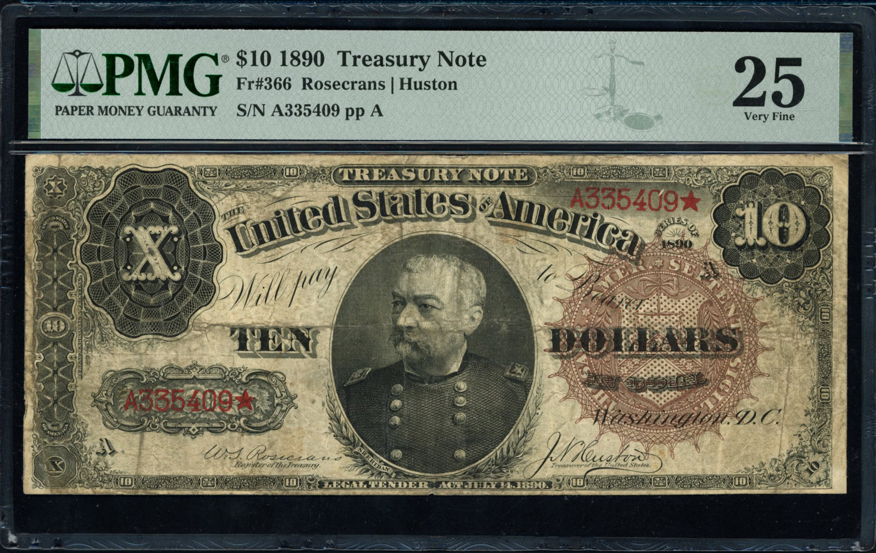 Fr. 366 1890 $10 Treasury Note Rosecrans / Huston PMG Very Fine 25 ...