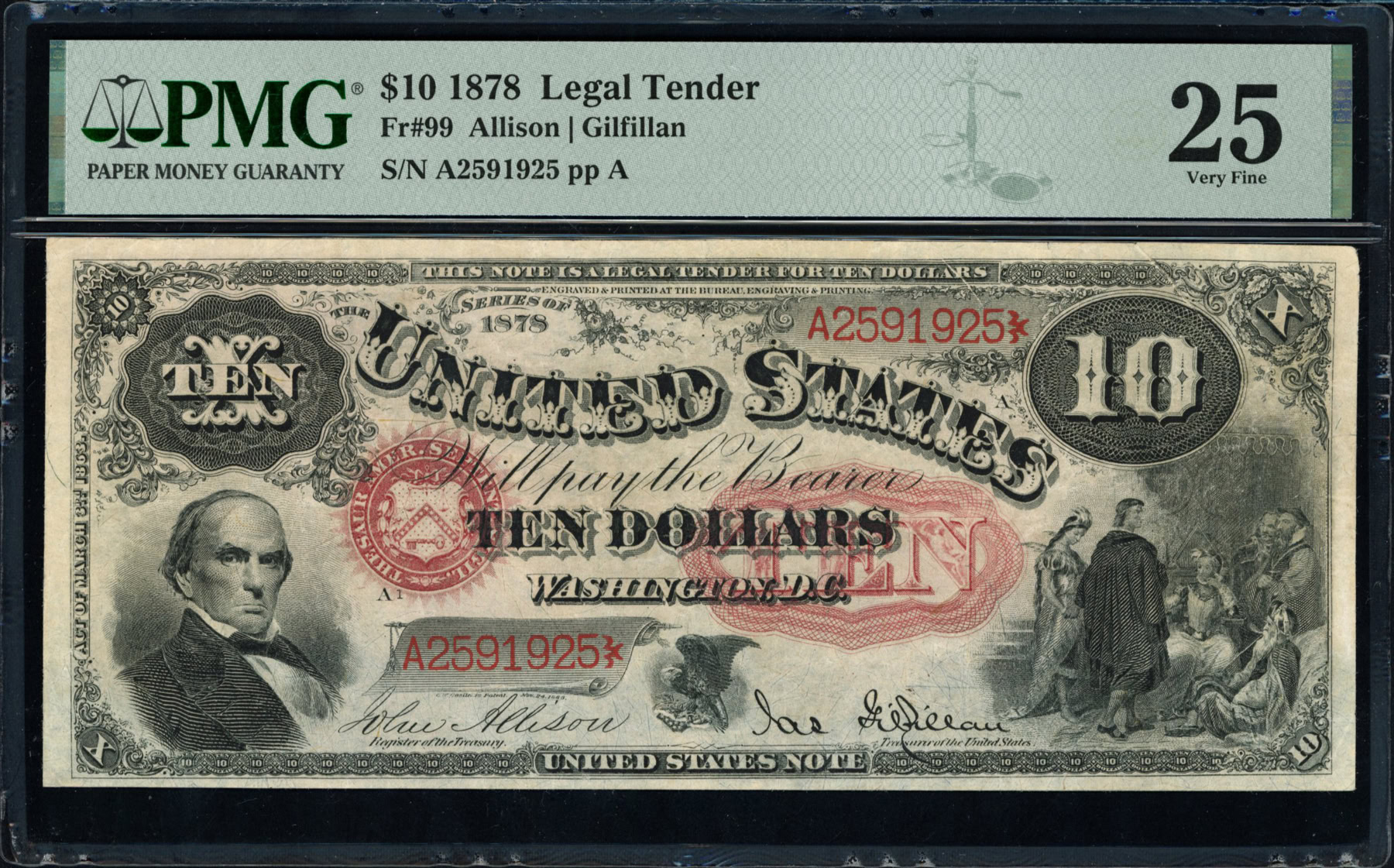 Fr. 99 1878 $10 Legal Tender Note Allison / Gilfillan PMG Very Fine 25 ...