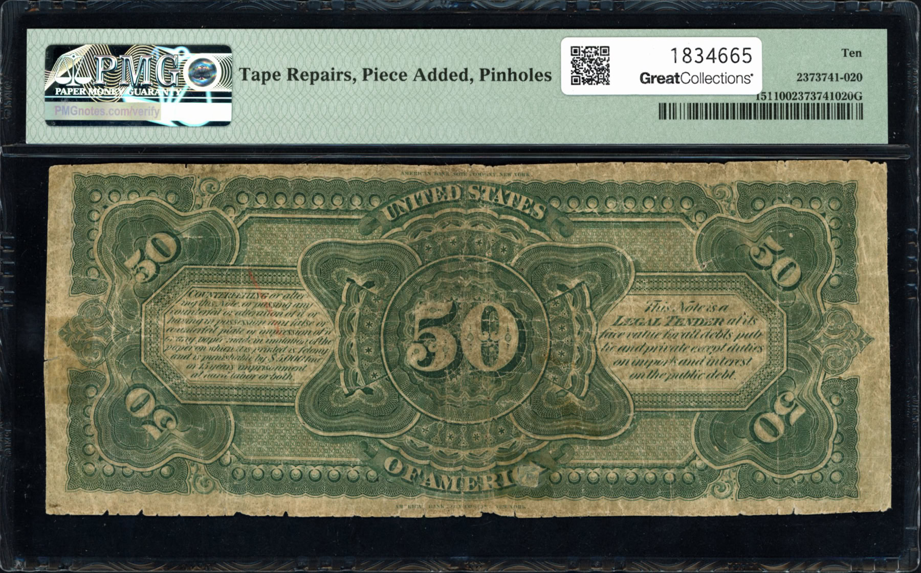 Fr. 151 1869 $50 Legal Tender Note Allison / Spinner PMG Very Good 10 ...