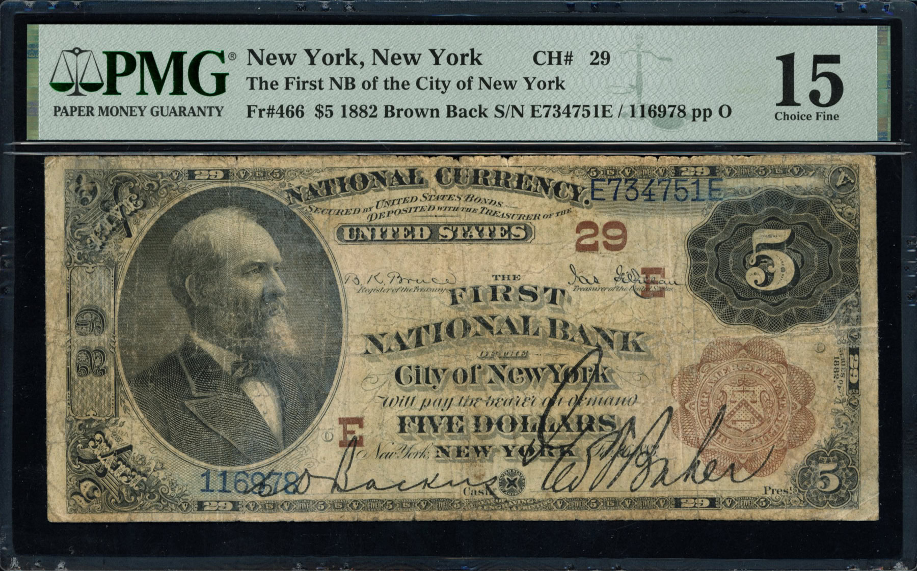 Fr. 466 New York City, New York 1882 $5 Brown Back Note The First ...