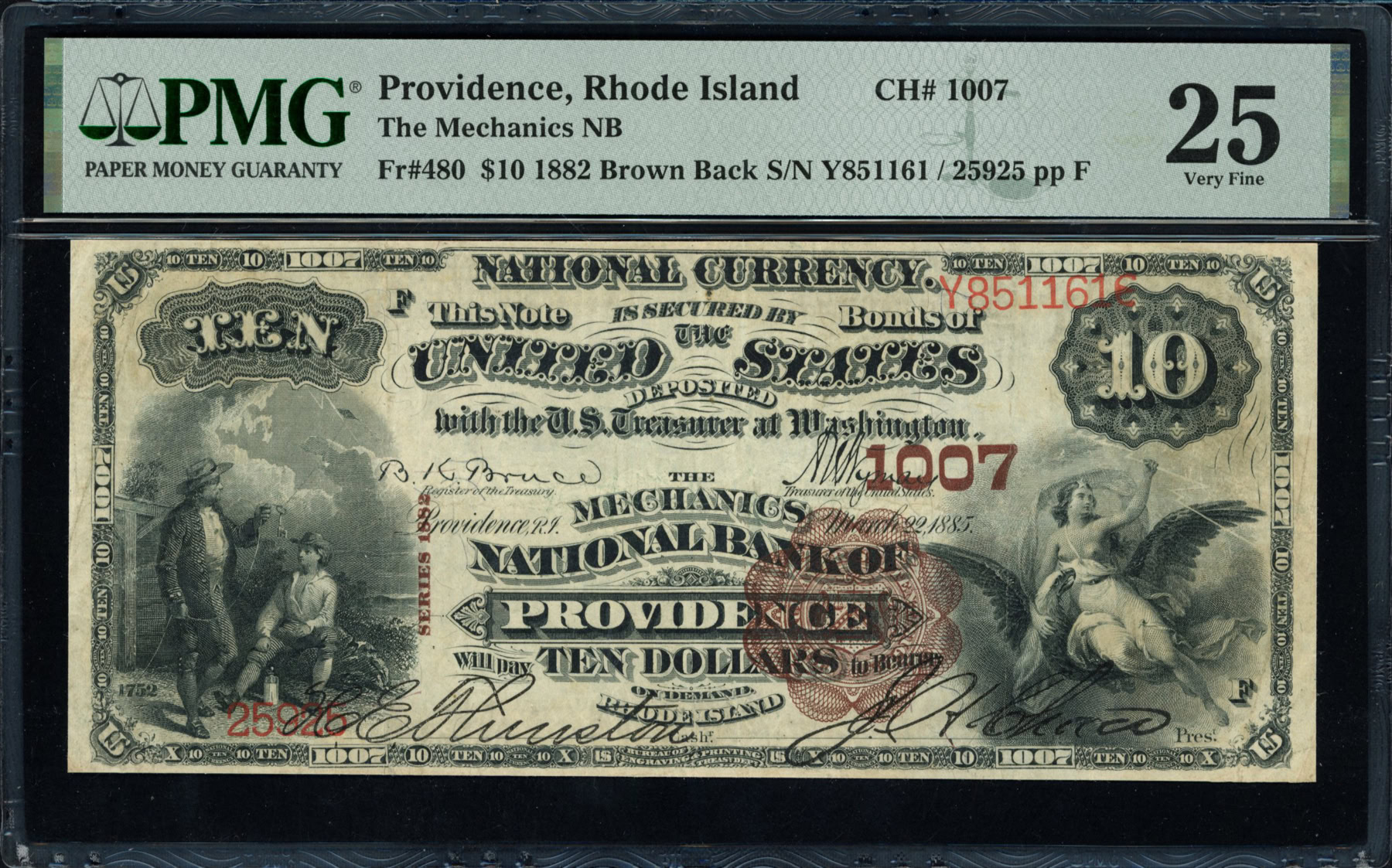 Fr. 480 Providence, Rhode Island 1882 $10 Brown Back Note The Mechanics ...