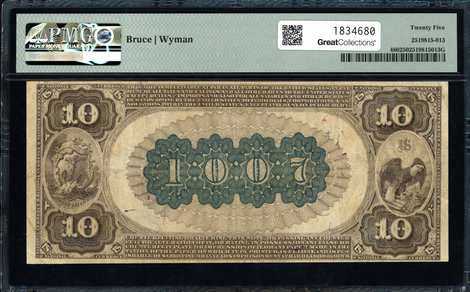 Fr. 480 Providence, Rhode Island 1882 $10 Brown Back Note The Mechanics ...