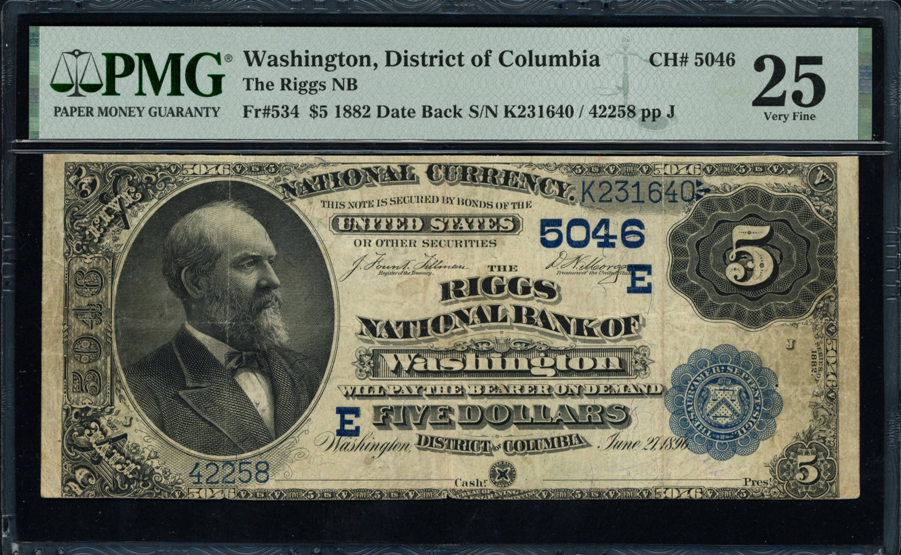 Fr. 534 Washington D.C. 1882 $5 Date Back Note The Riggs National Bank ...
