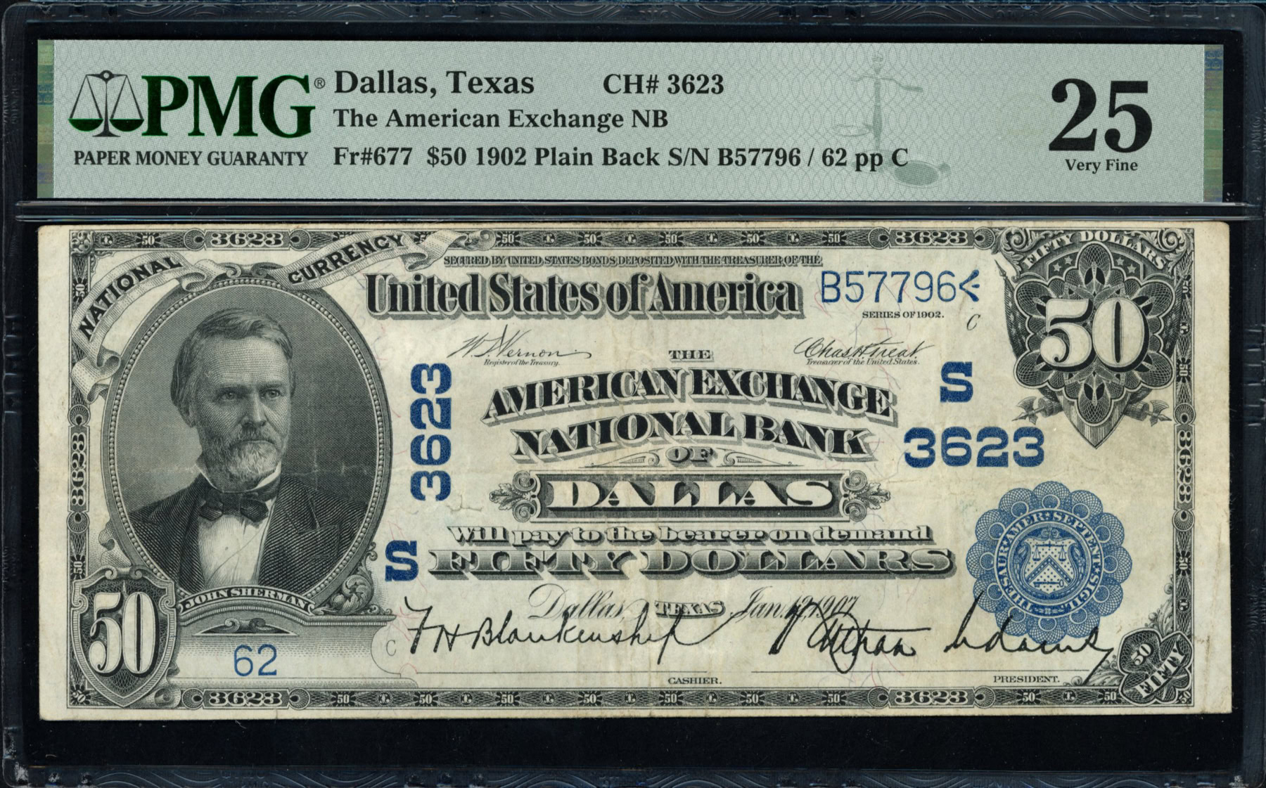 Fr. 677 Dallas, Texas 1902 $50 Plain Back Note The American Exchange ...