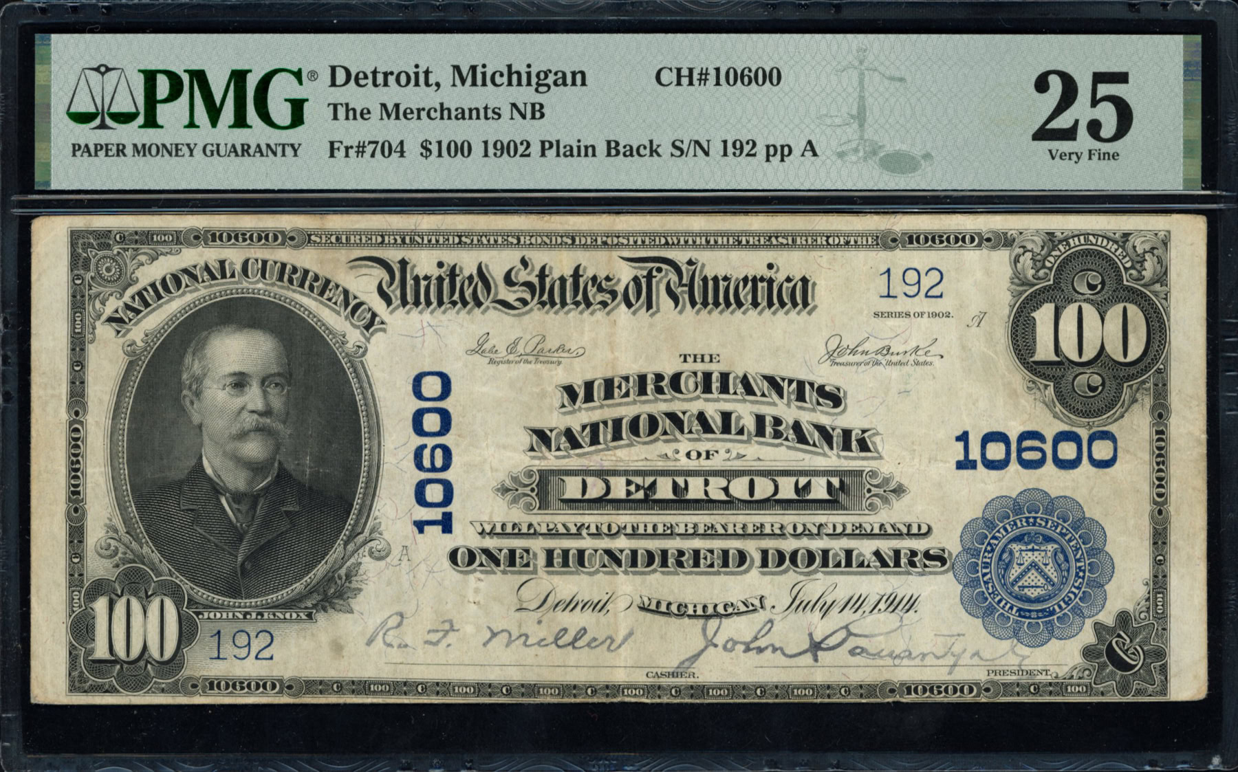 Fr. 704 Detroit, Michigan 1902 $100 Plain Back Note The Merchants ...