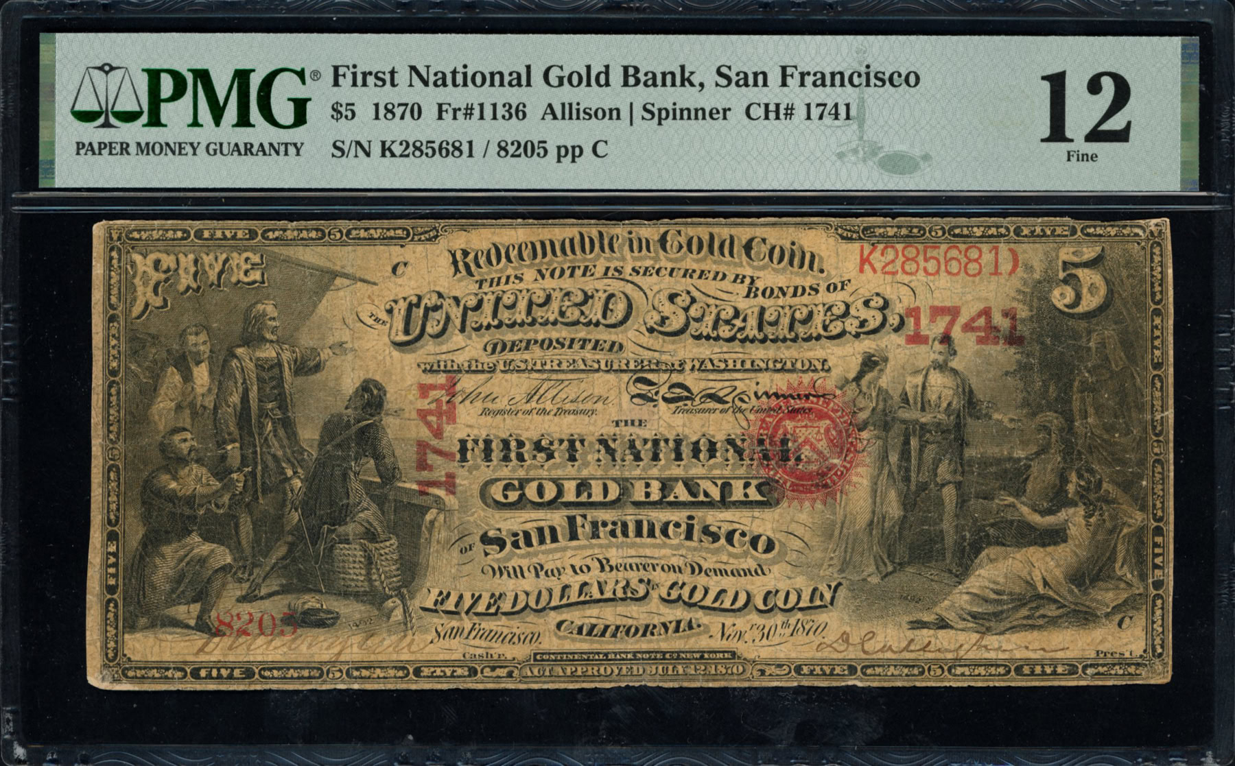 Fr. 1136 1870 $5 First National Gold Bank, San Francisco Note Charter ...