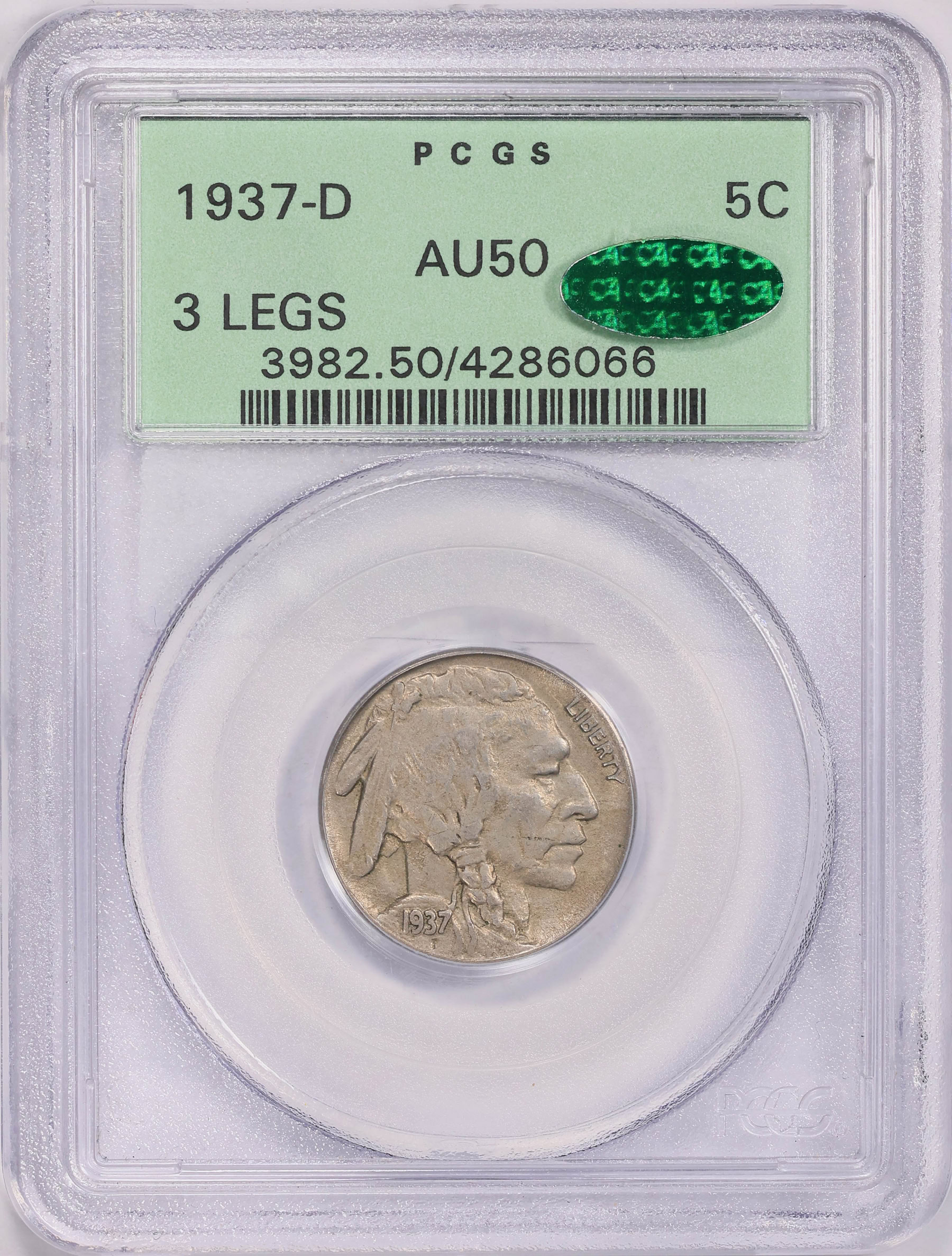 1937-D Buffalo Nickel 3 Legs PCGS AU-50 (CAC Green) OGH (Item 1834734) | GreatCollections Coin ...