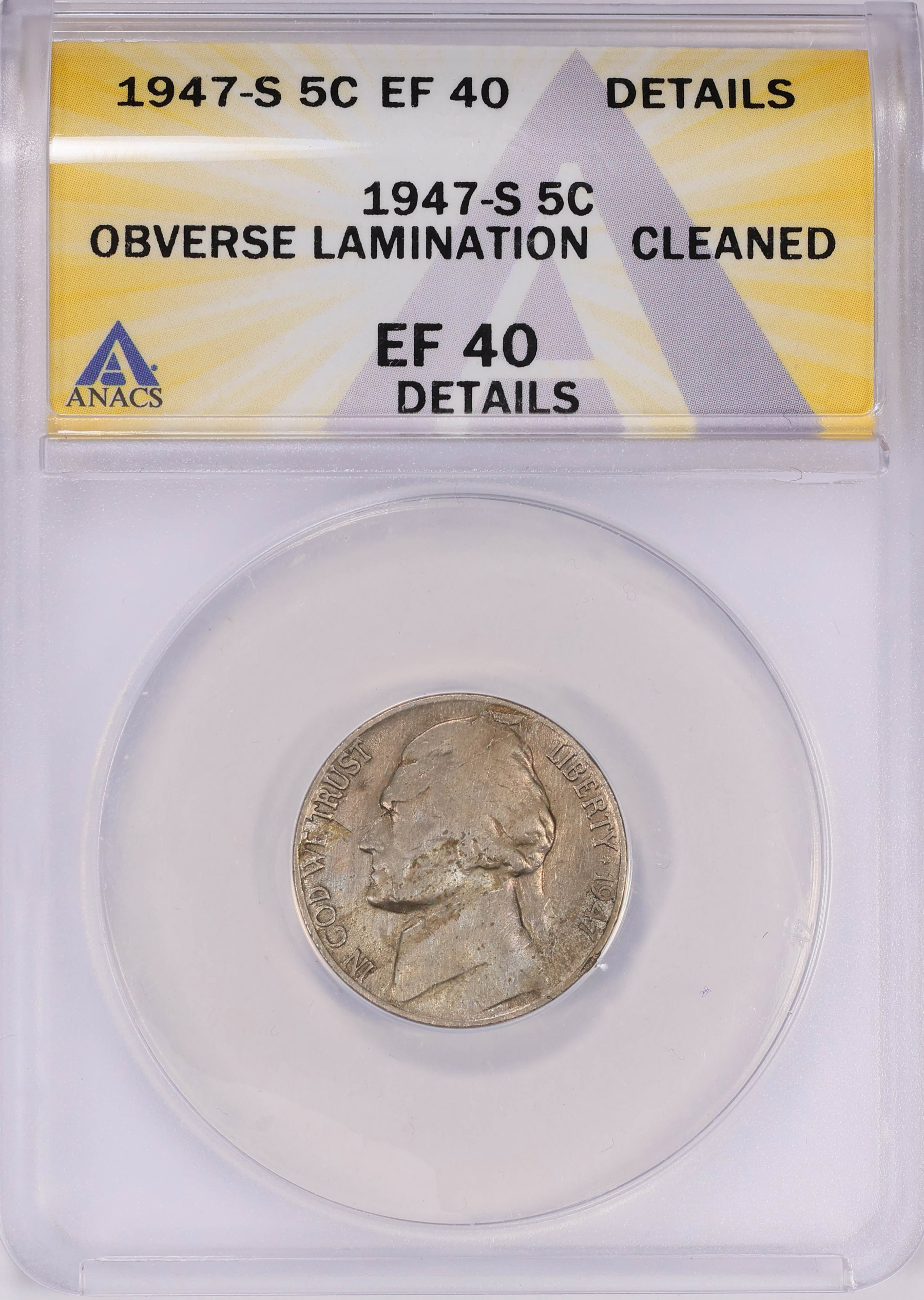 Mint Error 1947-S Jefferson Nickel Obverse Lamination ANACS XF-40 ...