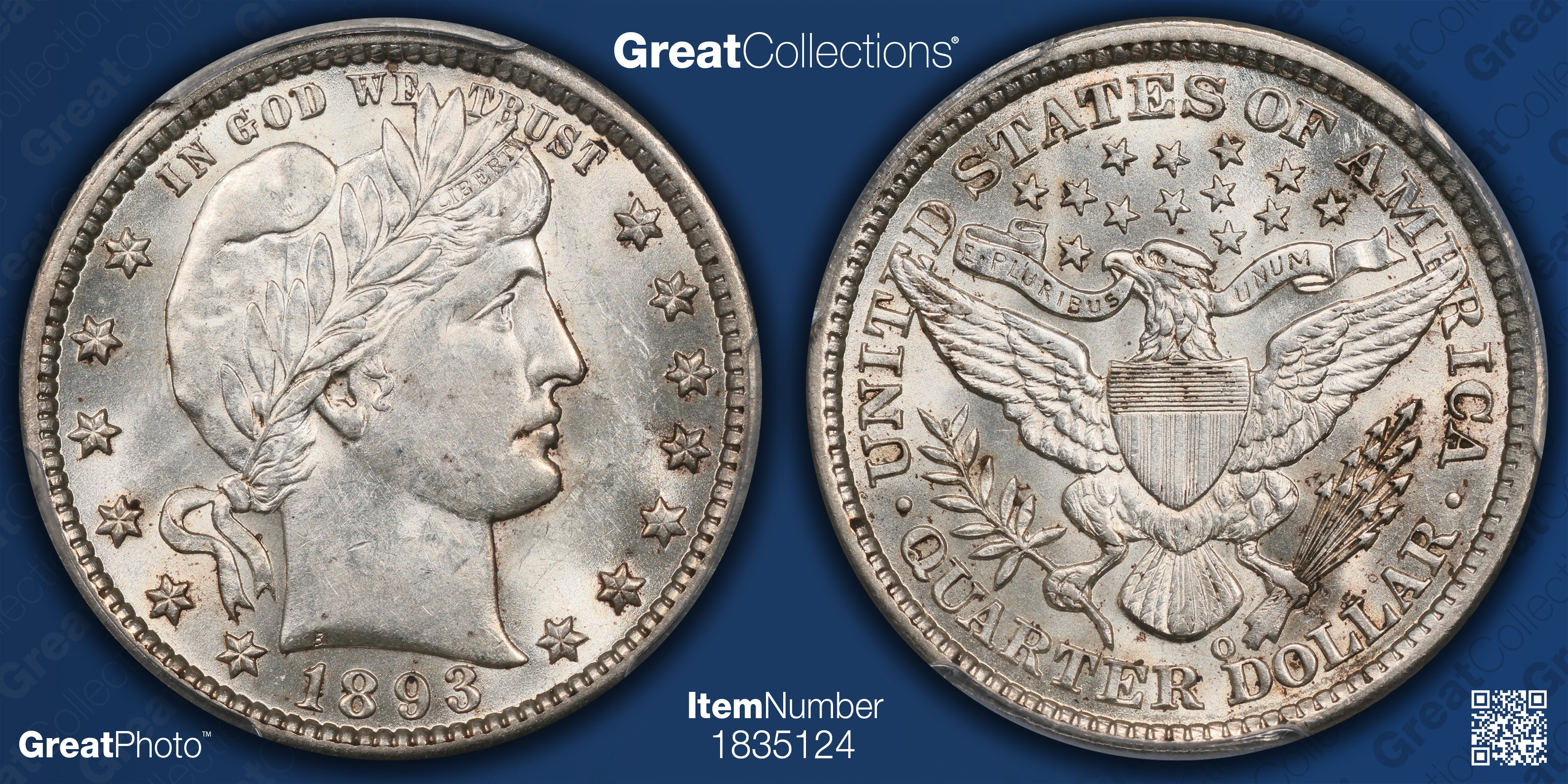 1893-O Barber Quarter PCGS AU-58 (Item 1835124) | GreatCollections Coin ...