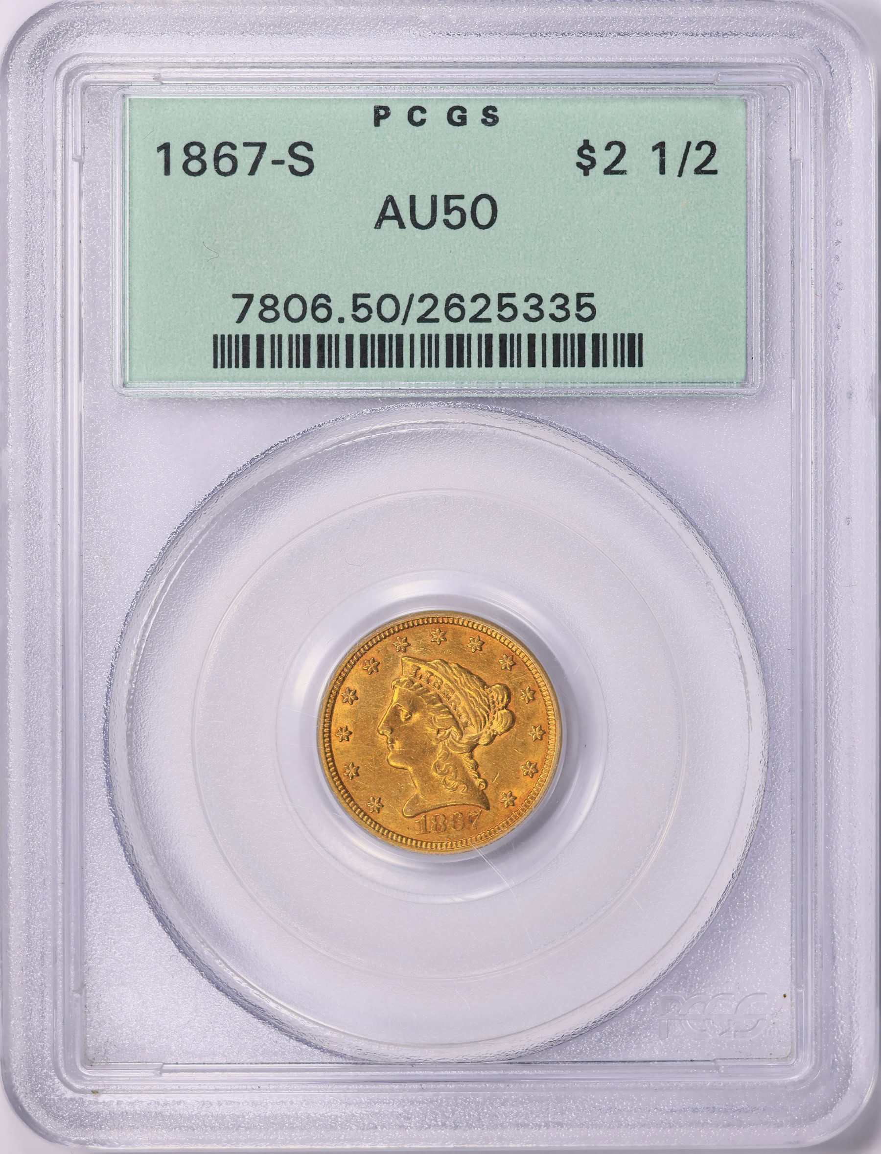 1867-S Liberty Gold Quarter Eagle PCGS AU-50 OGH (Item 1835126) | GreatCollections Coin Auctions