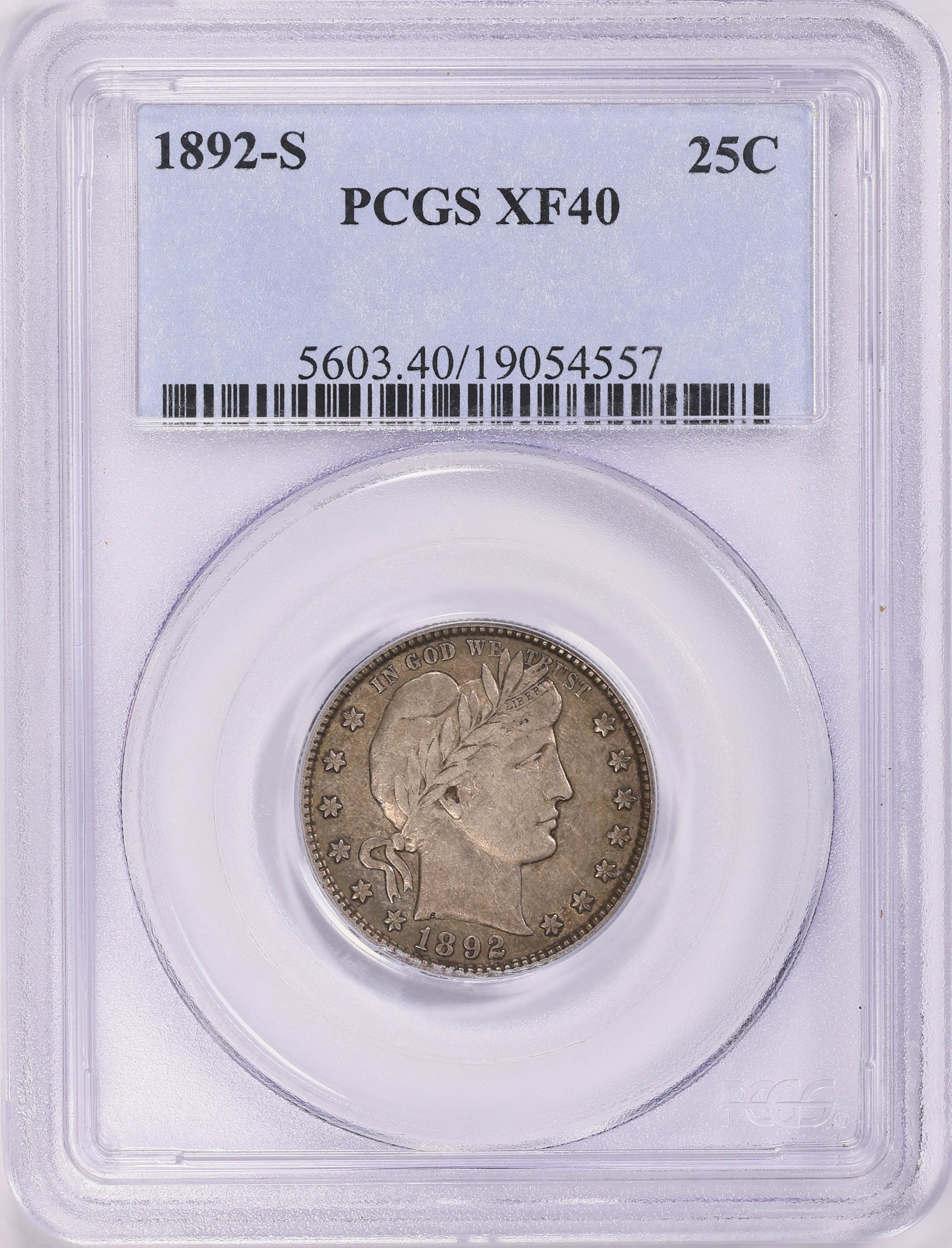1892-S Barber Quarter PCGS XF-40 (Item 1835260) | GreatCollections Coin Auctions