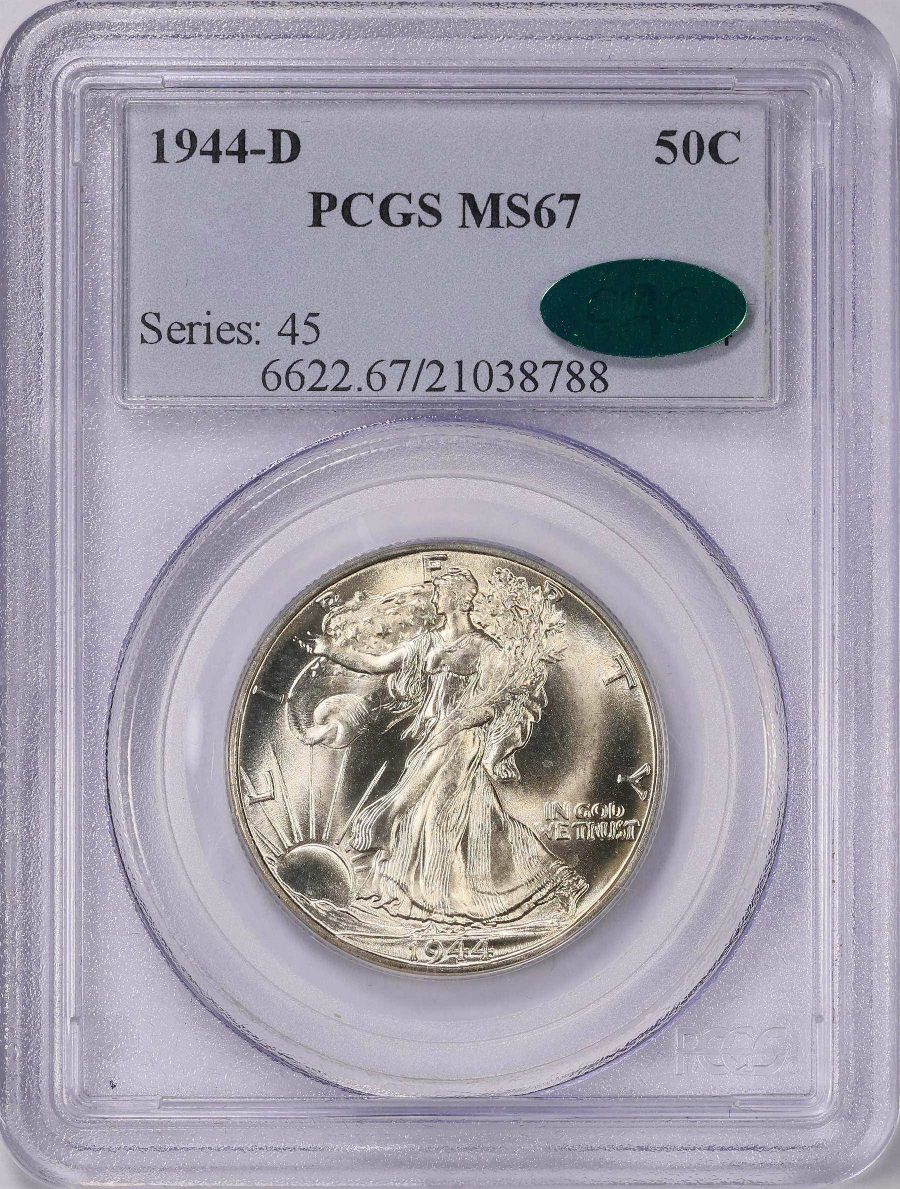 1944-D Walking Liberty Half Dollar PCGS MS-67 (CAC Green) (Item 1835270) | GreatCollections Coin ...