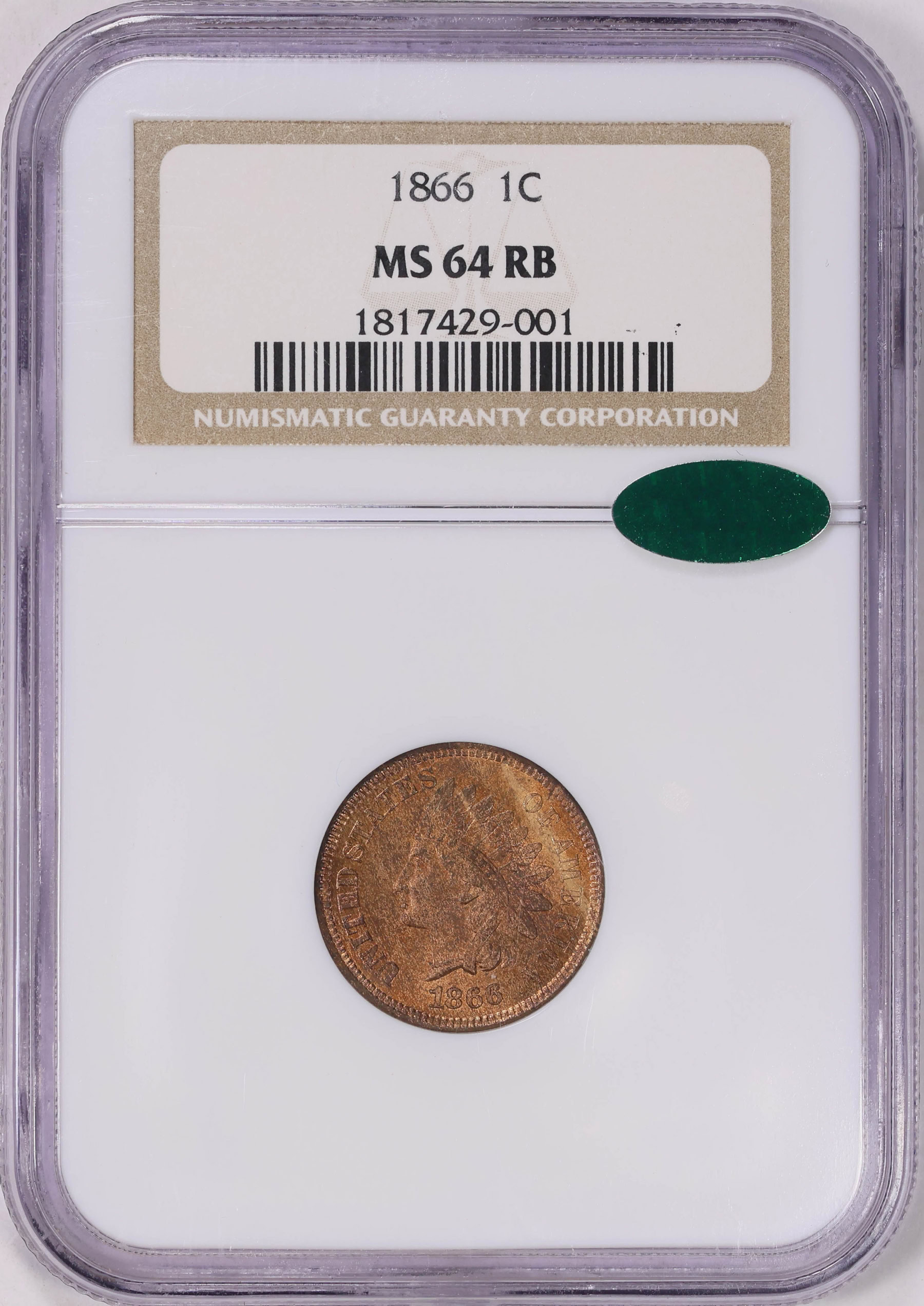 1866 Indian Cent NGC MS-64 RB (CAC Green) (Item 1835275) | GreatCollections Coin Auctions