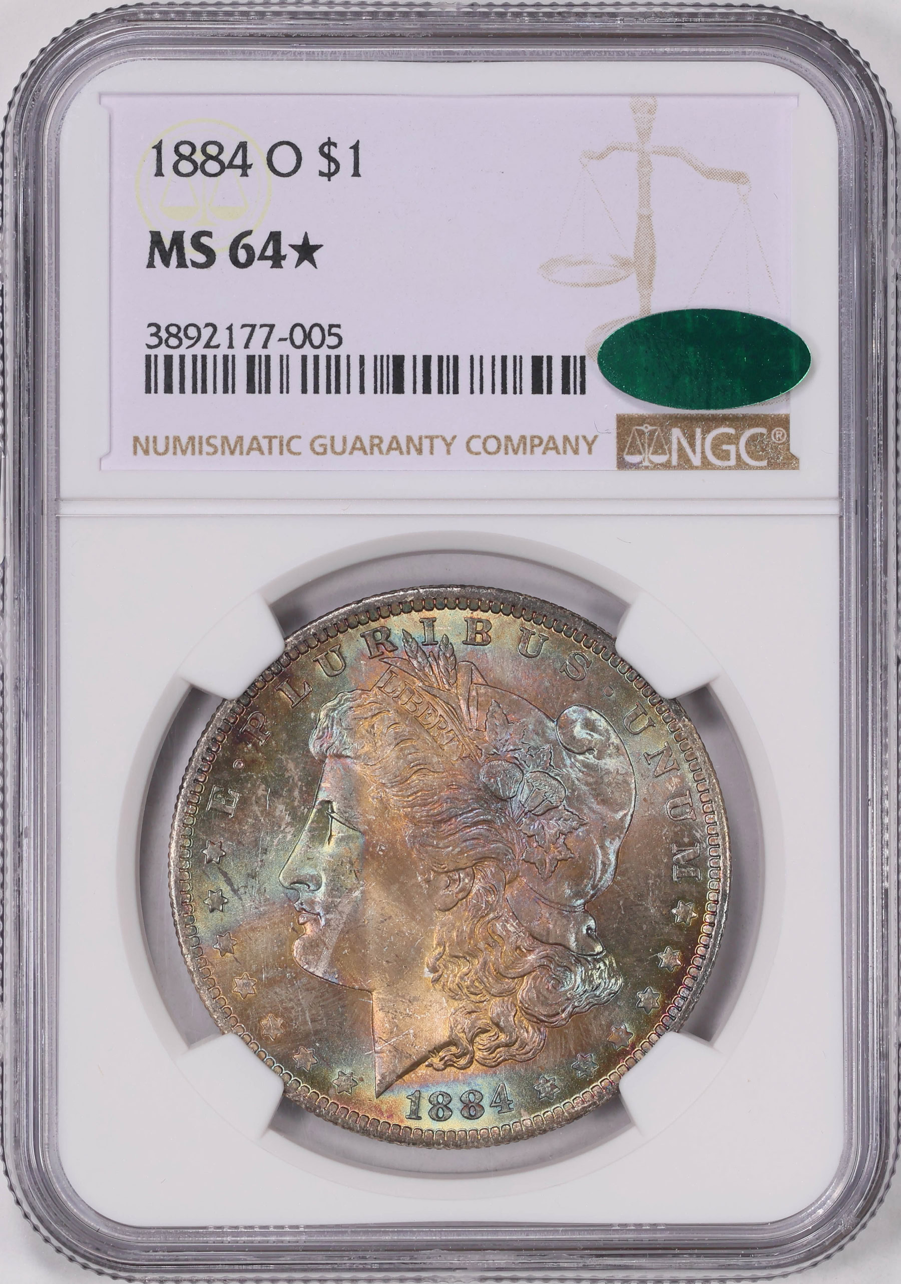 1884-O Morgan Silver Dollar NGC MS-64 ★ (CAC Green) (Toned) (Item 1835278) | GreatCollections ...