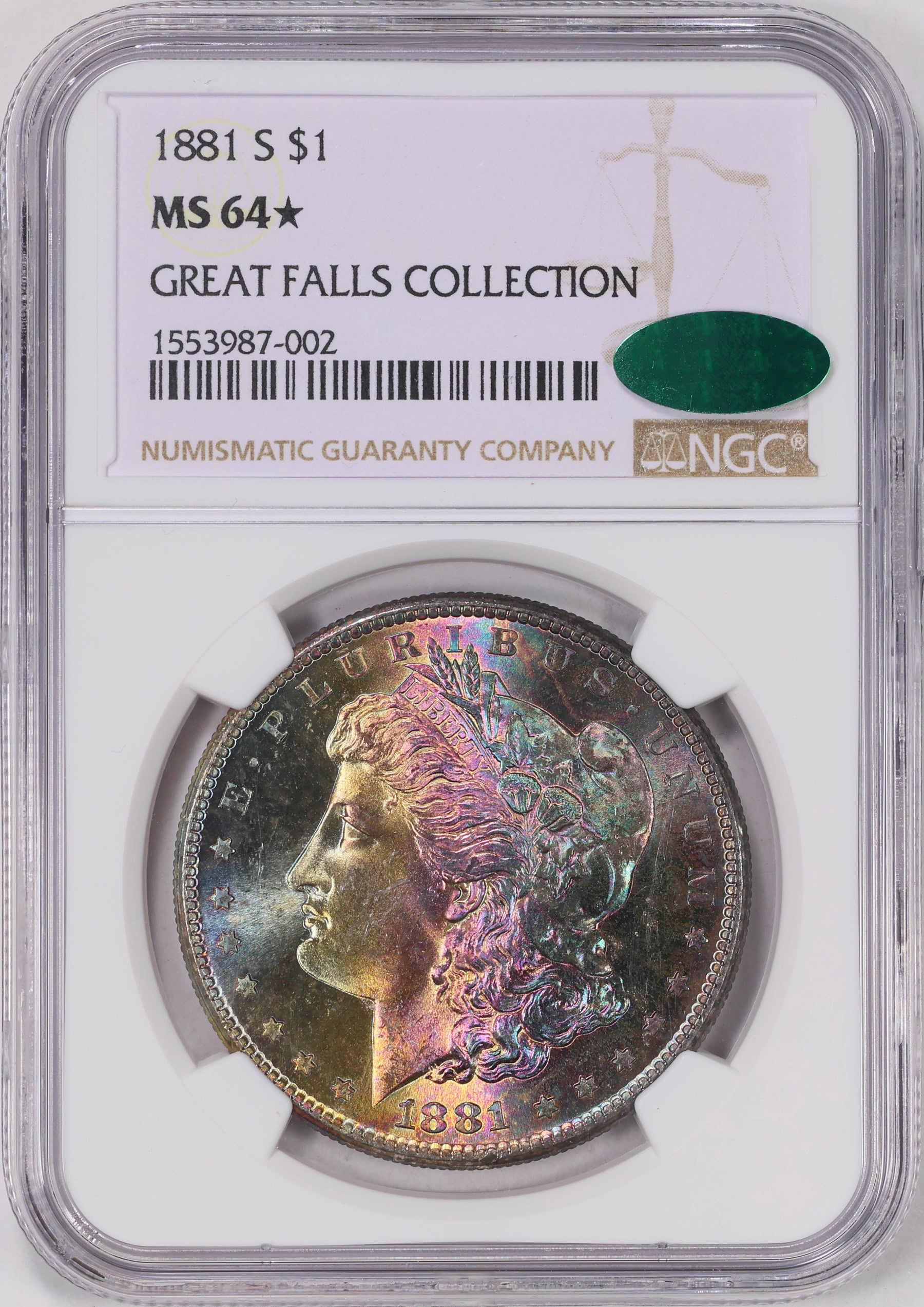 1881-S Morgan Silver Dollar NGC MS-64 ★ (CAC Green) (Toned) (Great Falls Collection) (Item ...