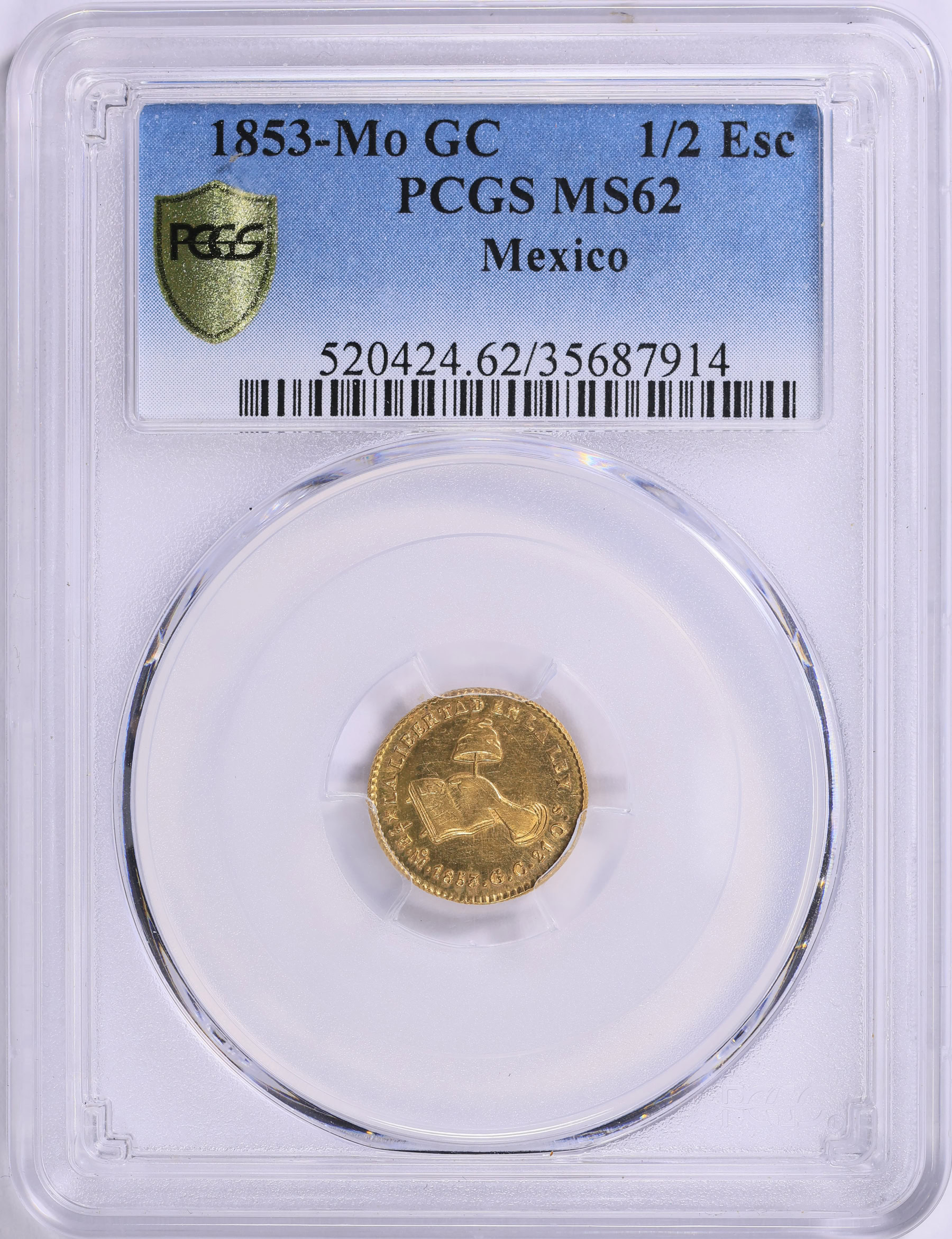 Mexico 1853-Mo GC Gold 1/2 Escudo KM-378.5 PCGS MS-62 (AGW = 0.0475 oz ...