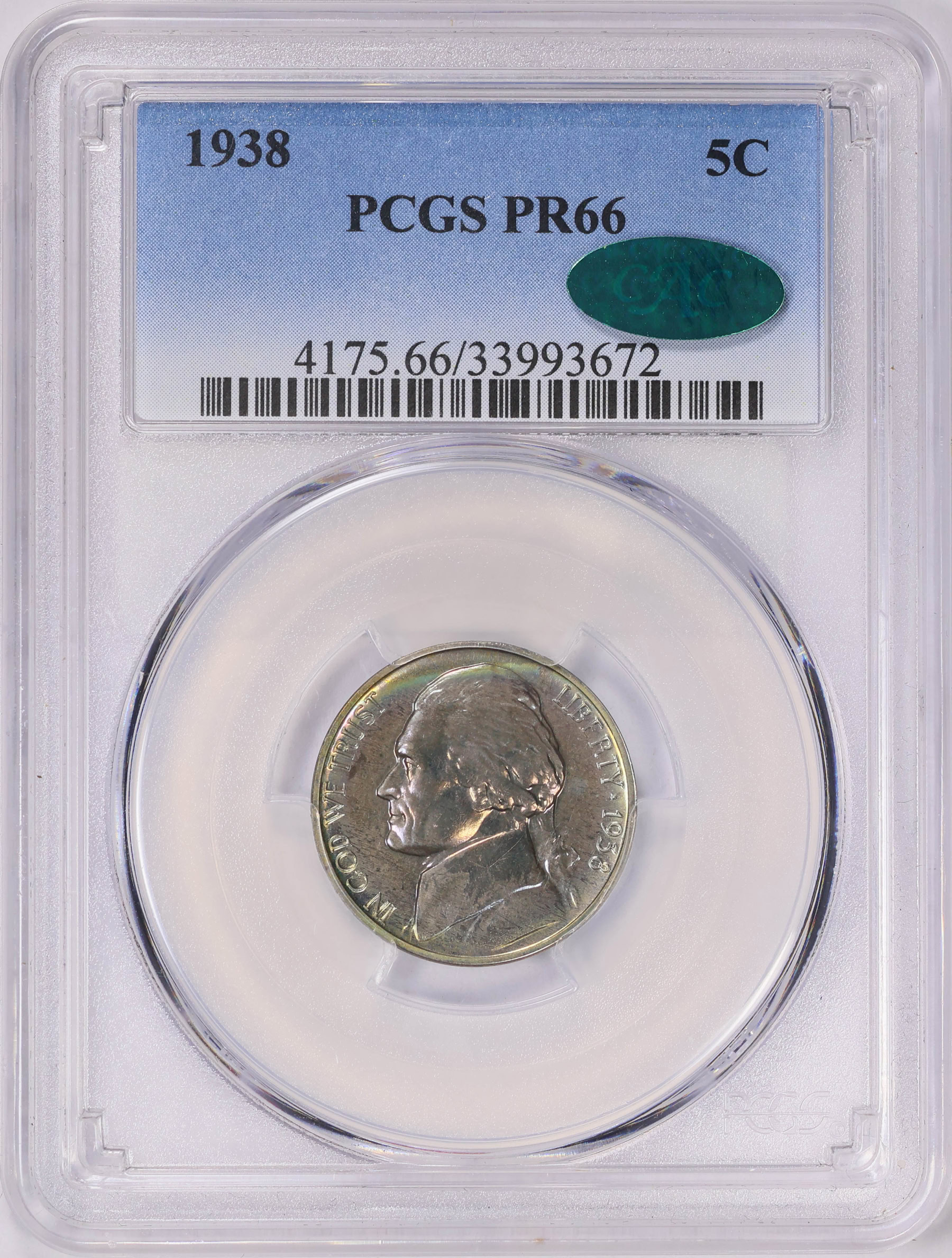 1938 Jefferson Nickel PCGS Proof-66 (CAC Green) (Toned) (Item 1835320 ...
