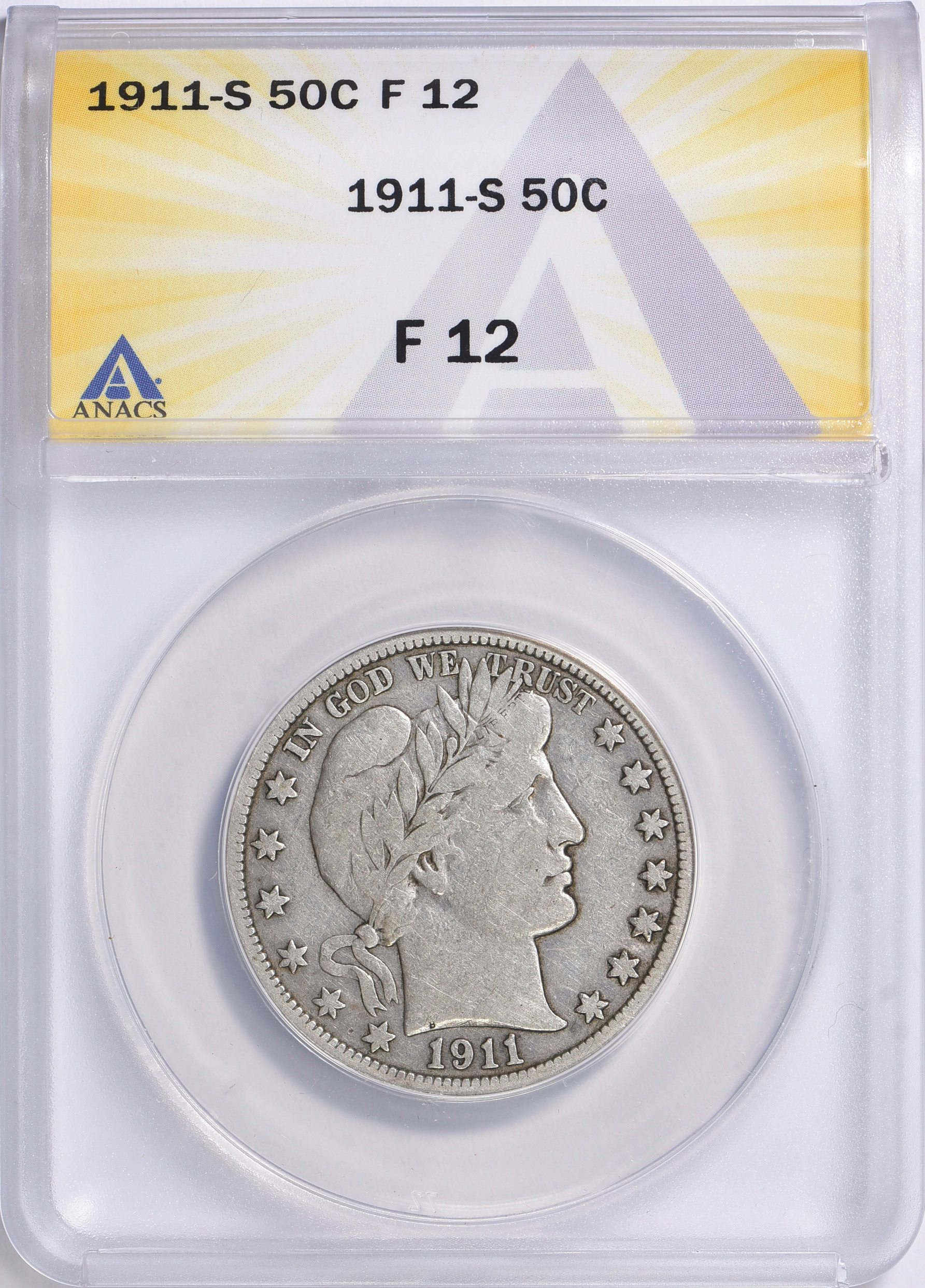 1911-S Barber Half Dollar ANACS F-12 (Item 1835417) | GreatCollections Coin Auctions