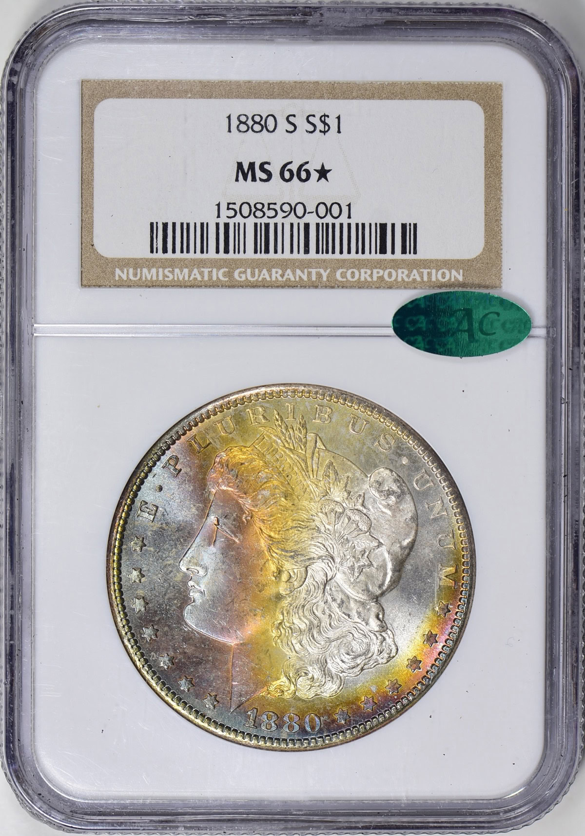 1880-S Morgan Silver Dollar NGC MS-66 ★ (CAC Green) (Toned) (Item 1835452) | GreatCollections ...