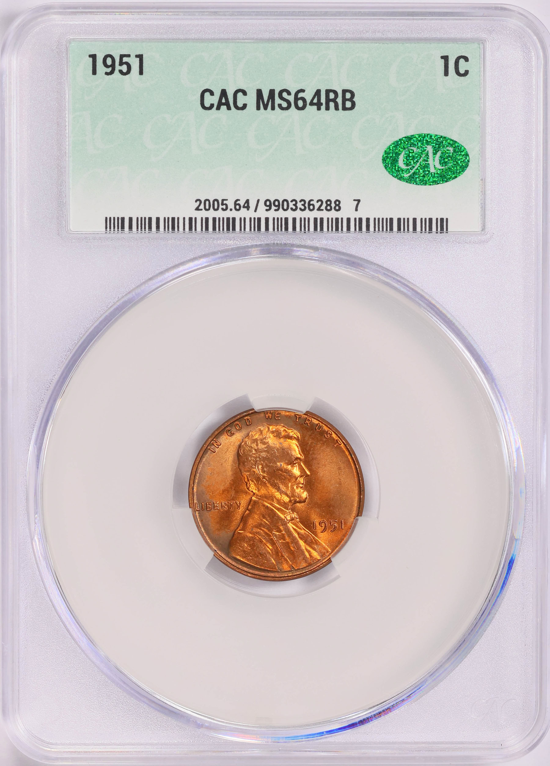 1951 Lincoln Cent CACG MS-64 RB (Toned) (Item 1835511 ...