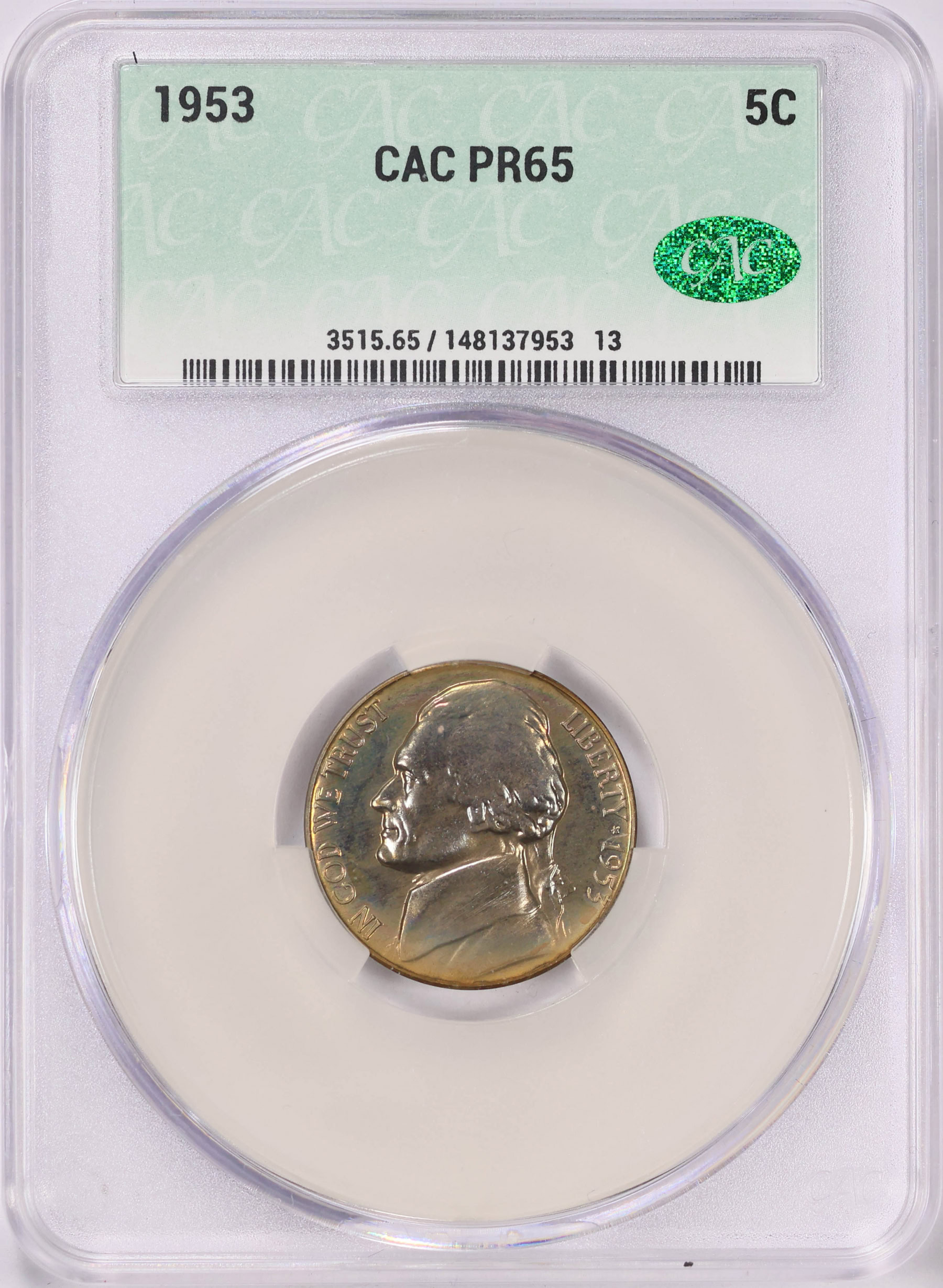 1953 Jefferson Nickel CACG Proof-65 (Toned) (Item 1835519) | GreatCollections Coin Auctions