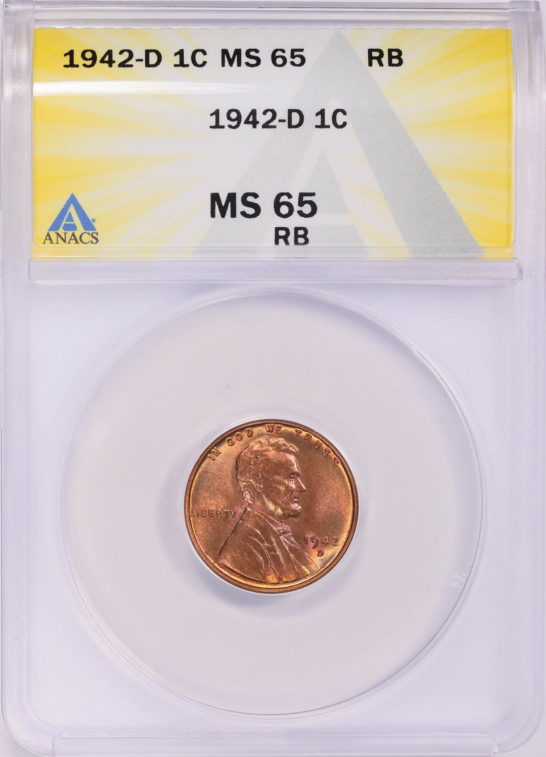 1942-D Lincoln Cent ANACS MS-65 RB (Toned) (Item 1835528) | GreatCollections Coin Auctions