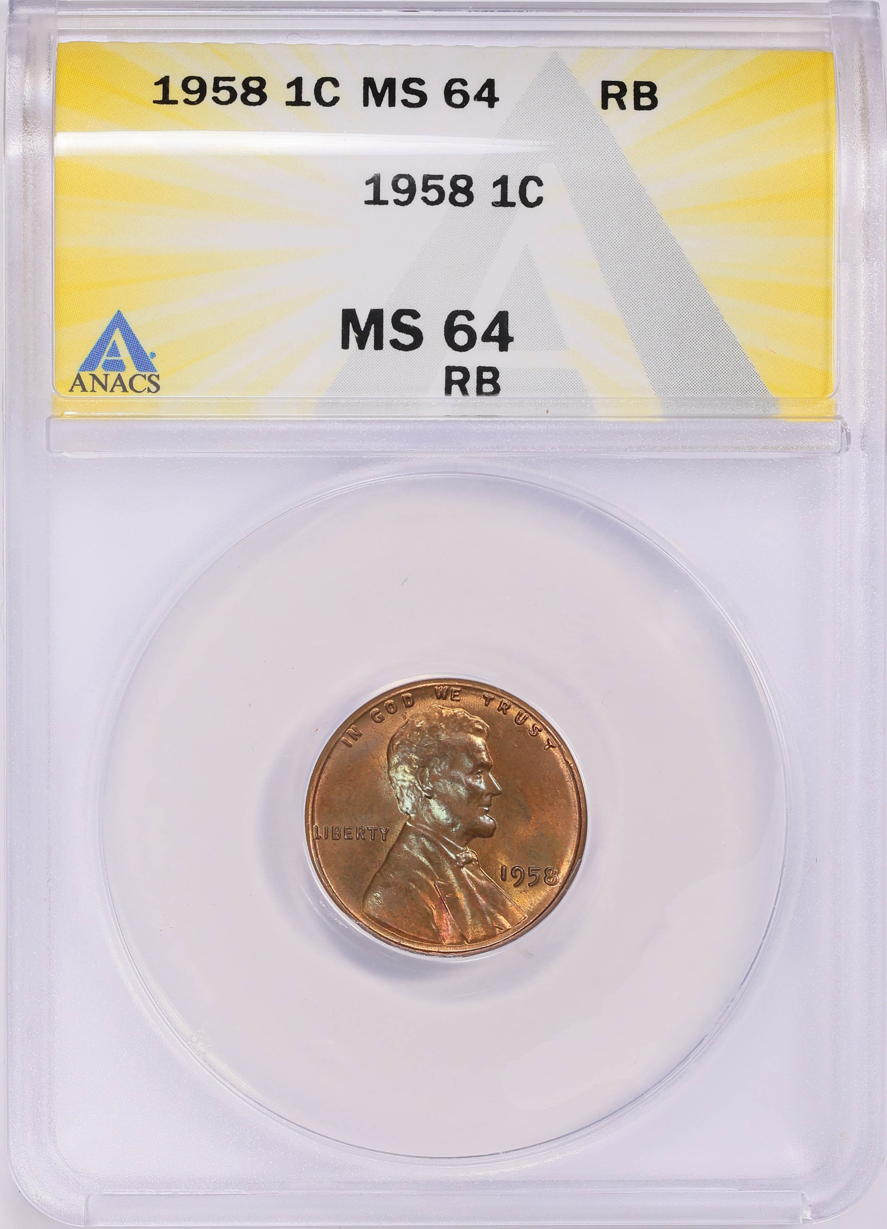 1958 Lincoln Cent ANACS MS-64 RB (Toned) (Item 1835533) | GreatCollections Coin Auctions