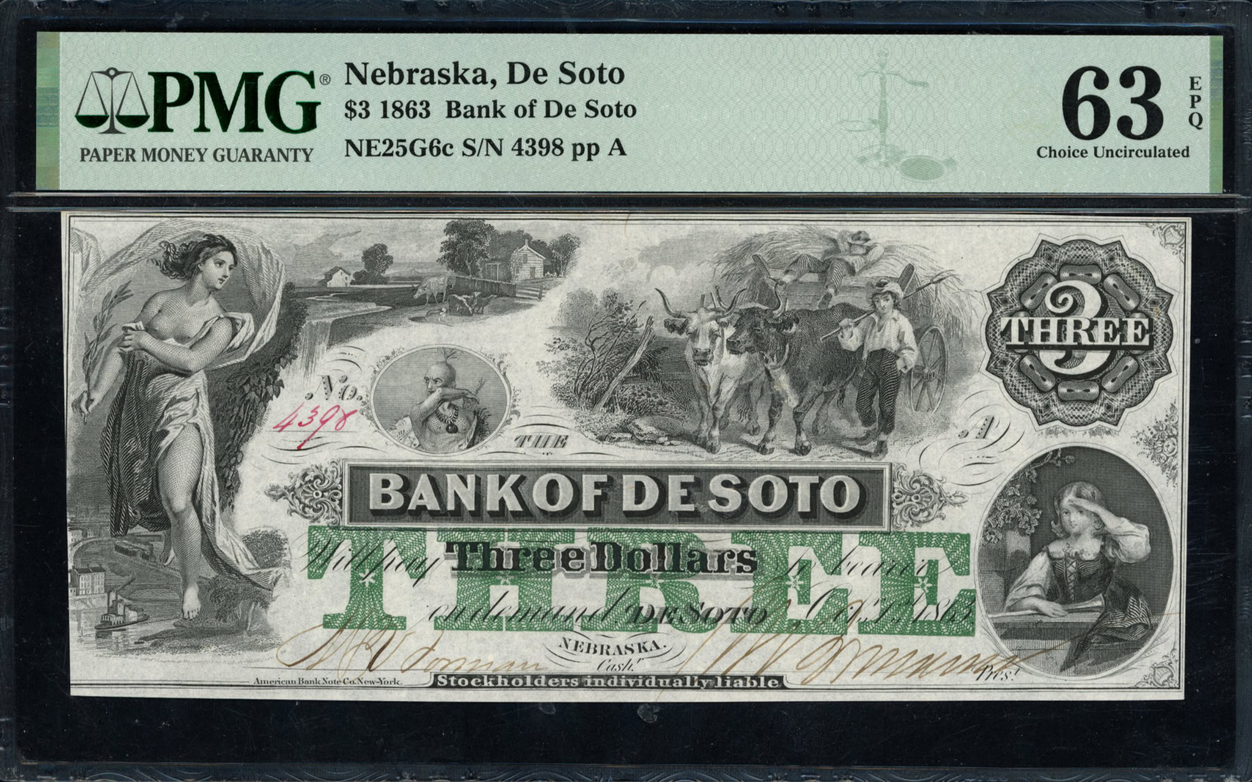 1863 De Soto, Nebraska Bank of De Soto $3 Note PMG Choice Uncirculated ...