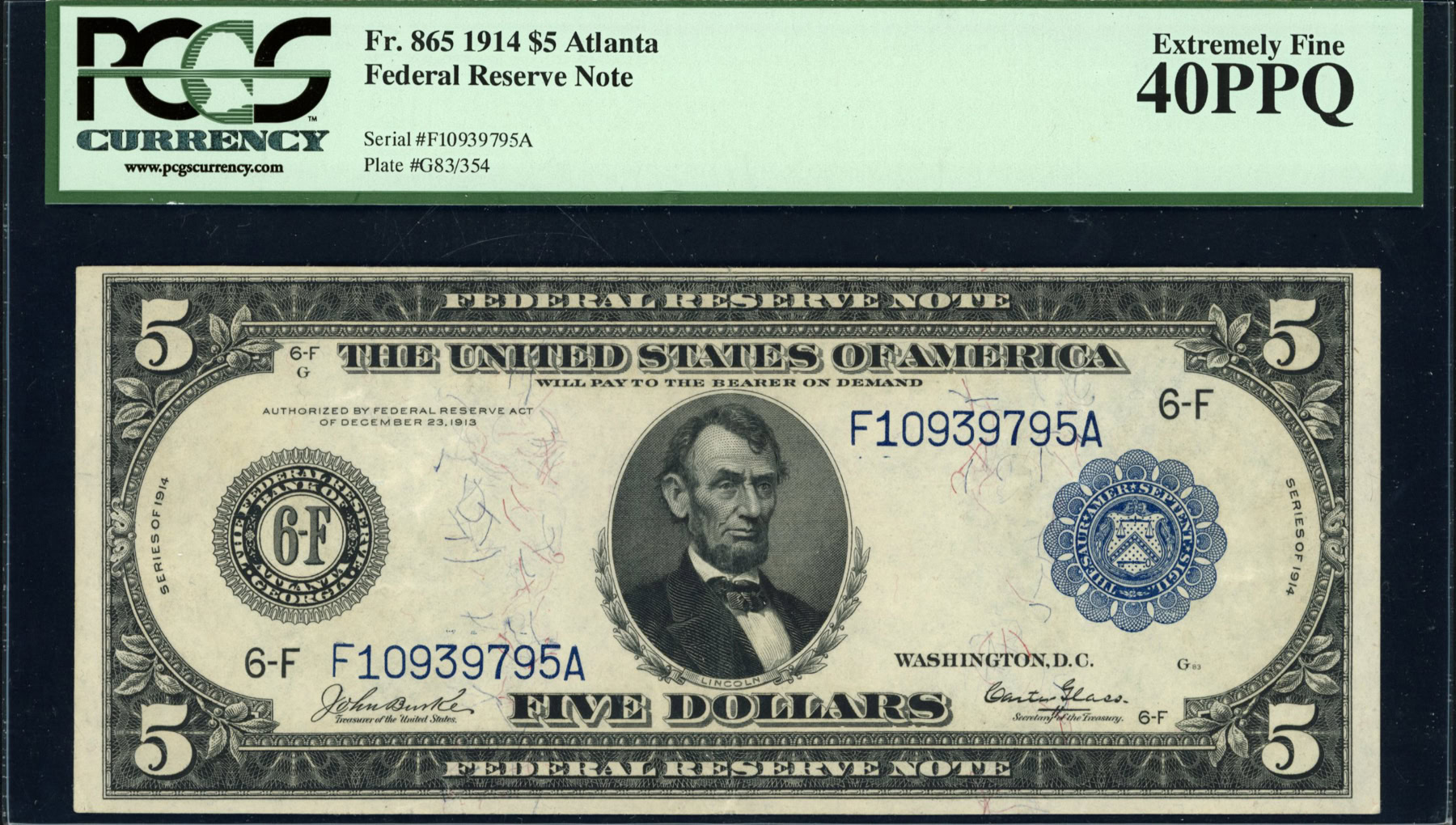 Fr. 865 1914 $5 Atlanta Federal Reserve Note Burke / Glass PCGS ...