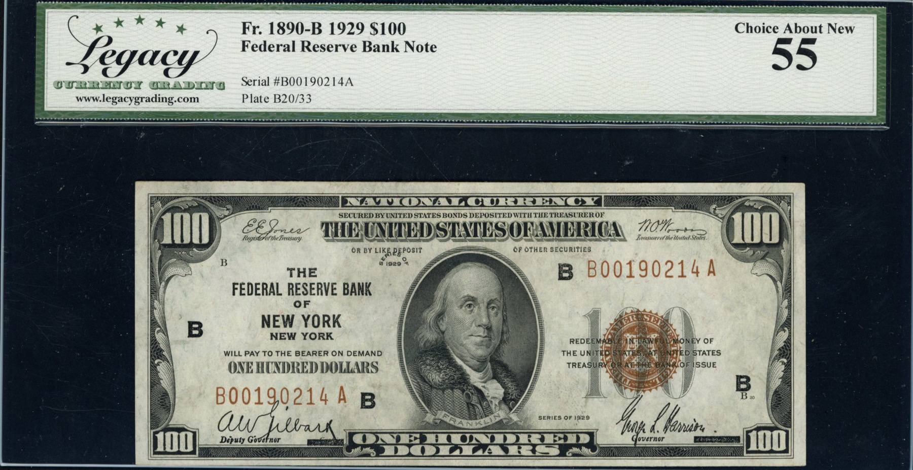 Fr. 1890-B (BA Block) 1929 $100 New York Federal Reserve Bank Note Jones / Woods Legacy Choice ...